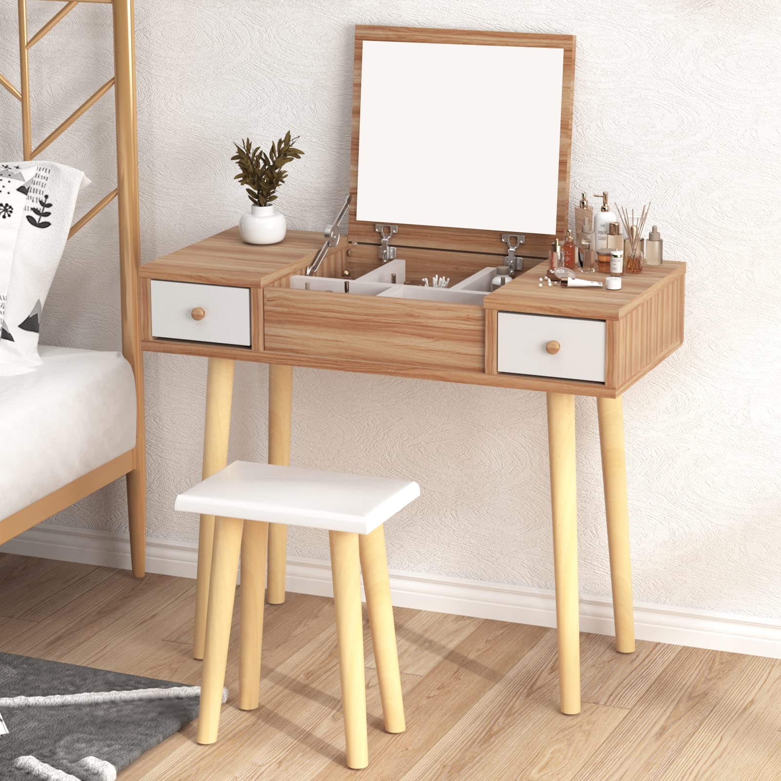 soges Vanity Table Set with Flip Top Mirror and Stool, Dressing Table ...
