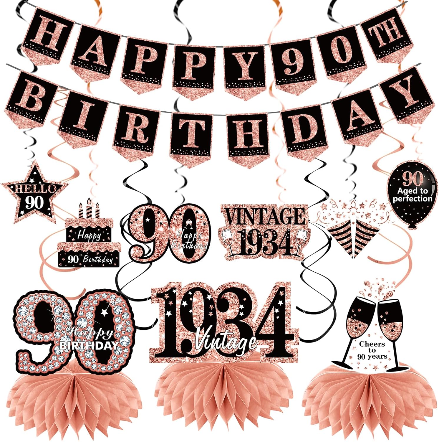 Amazon.com: Rose Gold 90th Birthday Banner Decorations for Women, 10Pcs ...