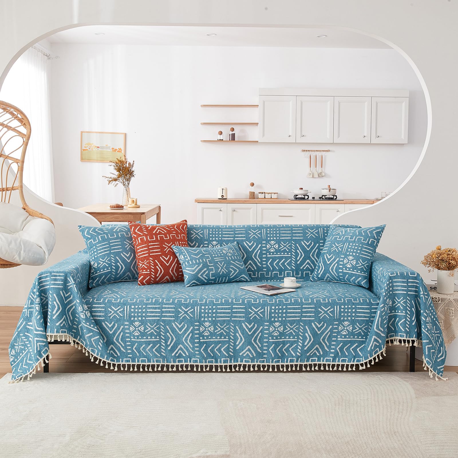 Amazon.com: HANDONTIME Turquoise Couch Protector for Dogs Boho Tassel ...