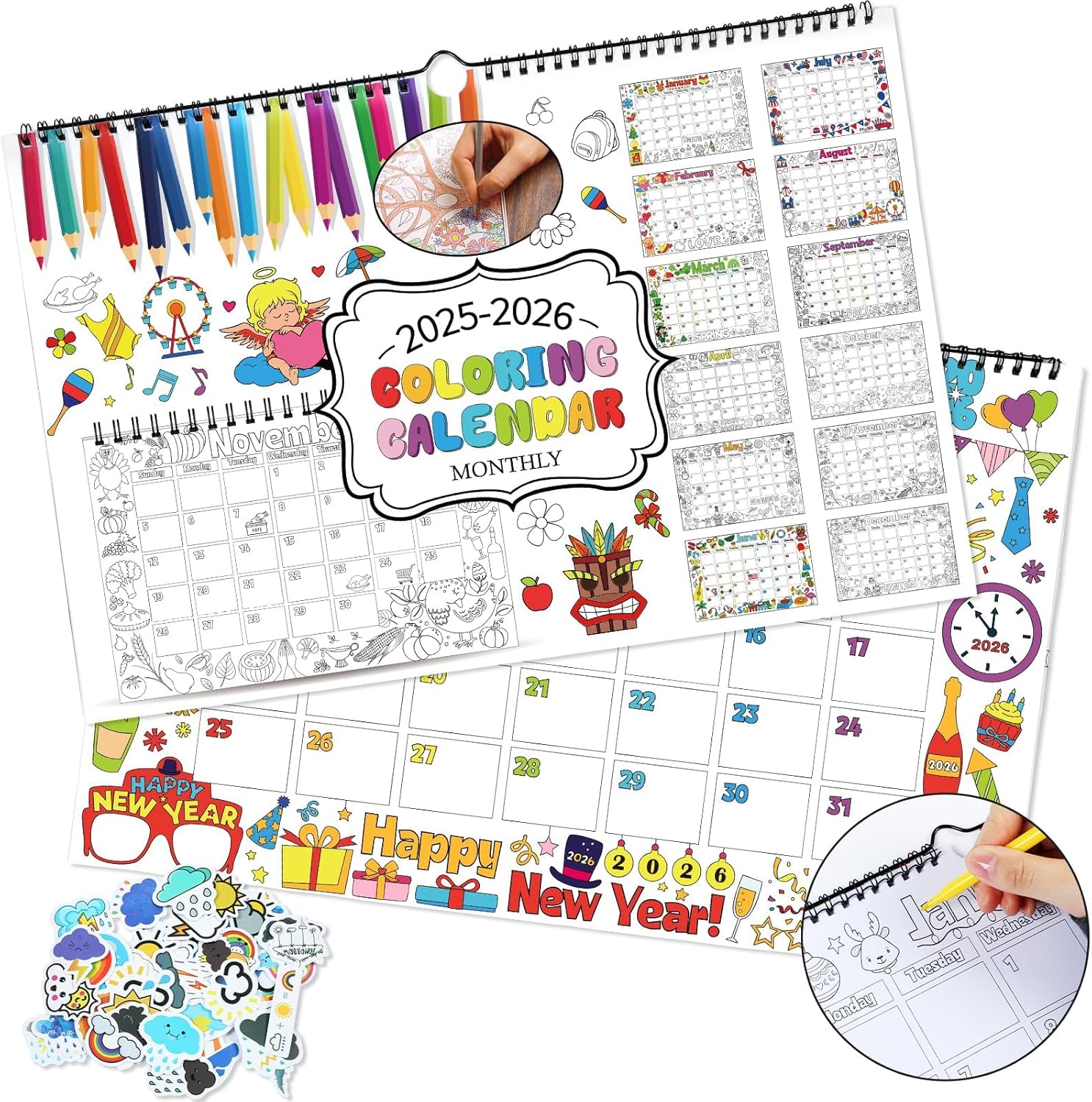 Amazon.com: Qyeahkj 2025 & 2026 Coloring Book Wall Calendar for Kids ...