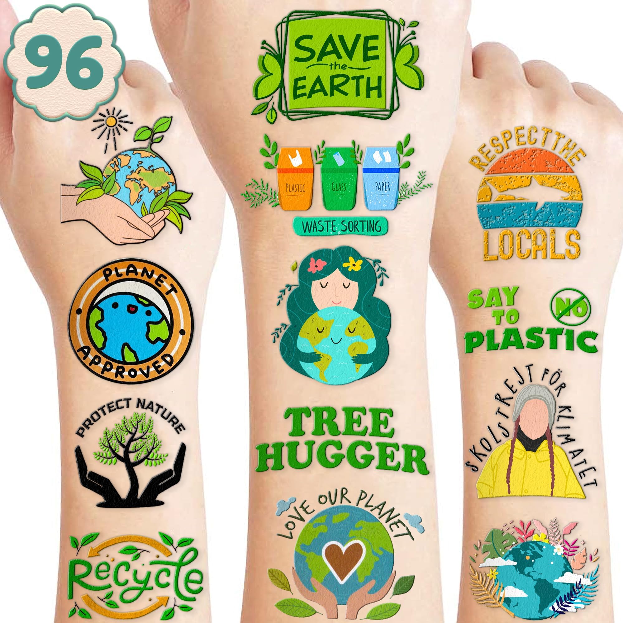 Amazon.com : (96 PCS) Earth Day Eco Green Save Planet Temporary Tattoos ...