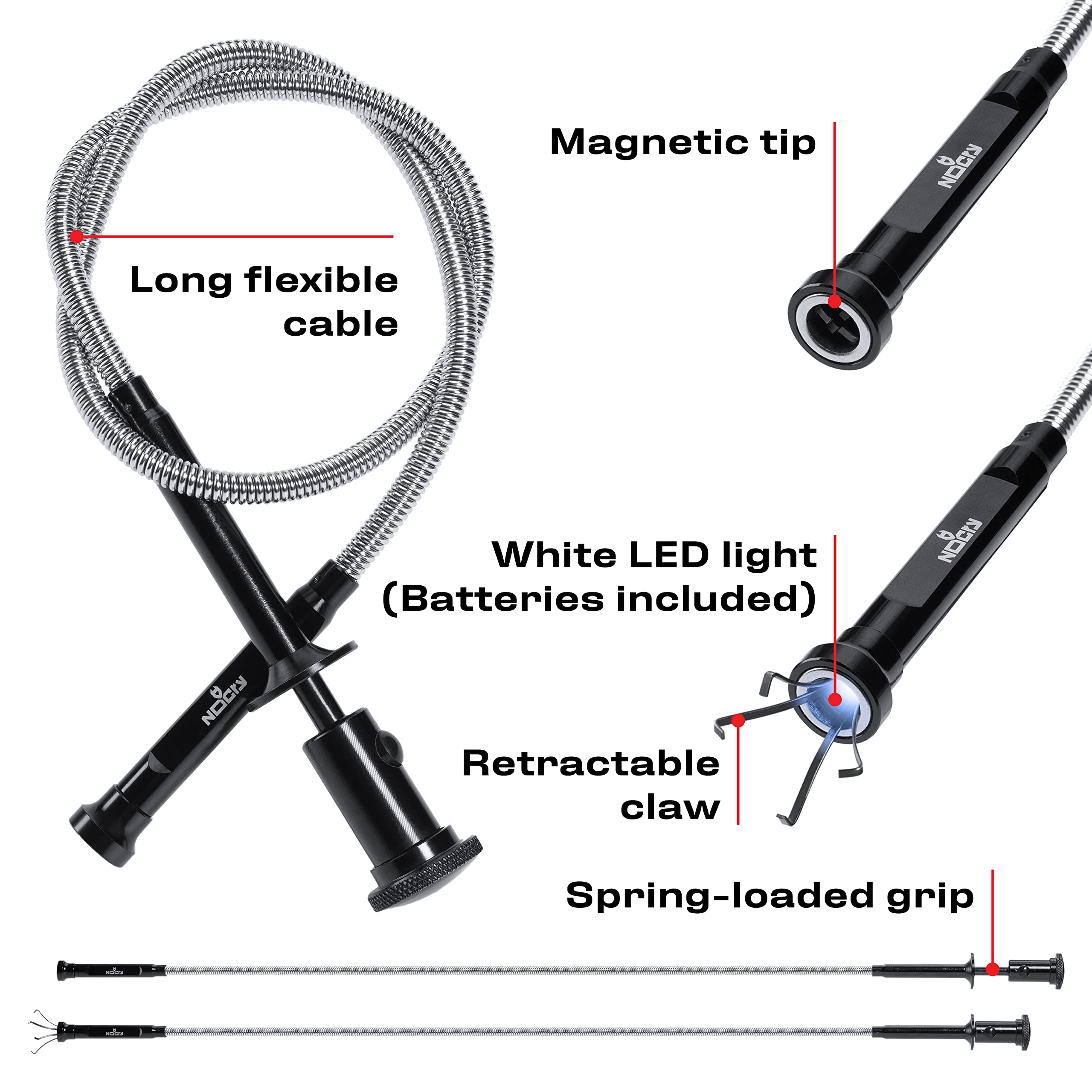 NoCry Magnetic Flexible Claw Grabber Pickup Tool with Bright LED Light ...
