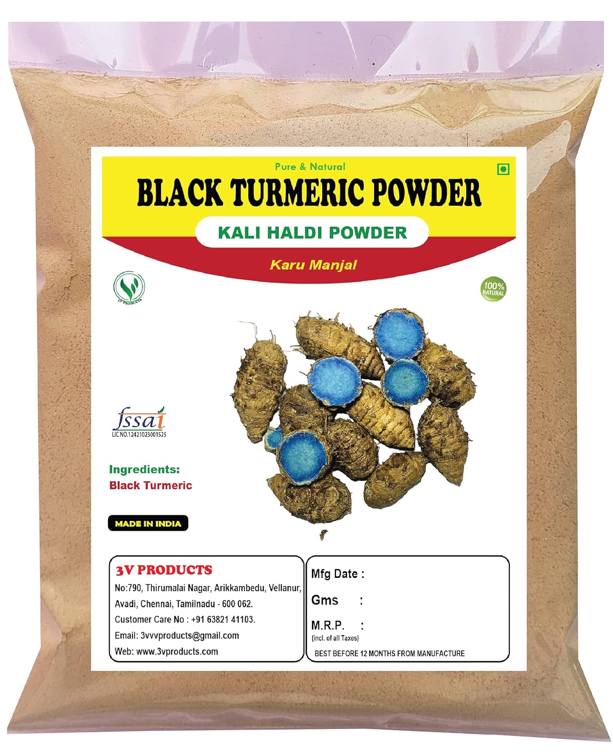 3V PRODUCTS Black Turmeric Powder - Pack of 2x50g - Karu manjal | Kali ...