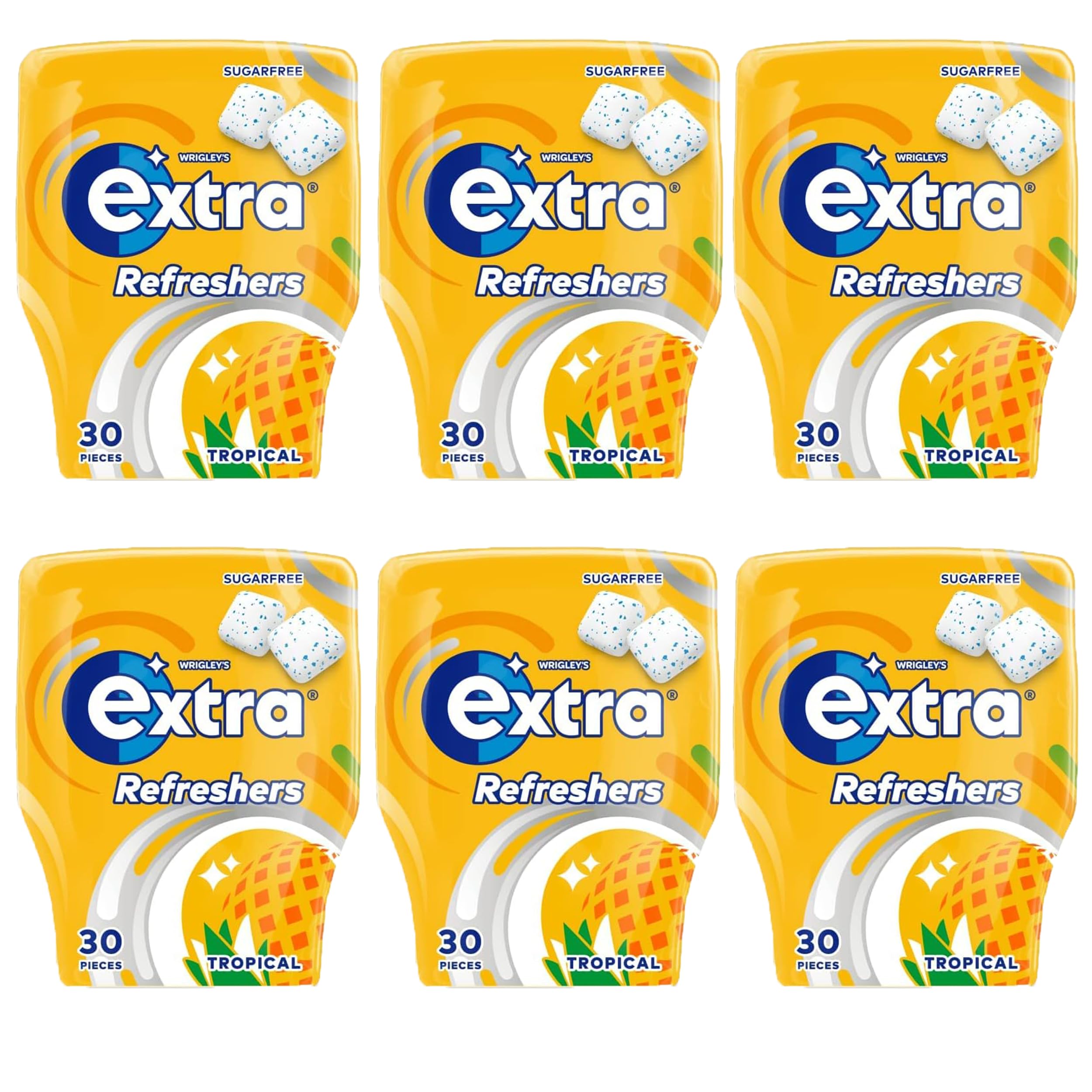 Extra Refreshers, Tropical Flavor Sugar free Chewing Gum Bottle, 6 x 30 ...