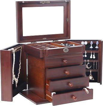 Amazon.com: Caffny Large Wooden Jewelry Box , Built-in mirror and lock ...