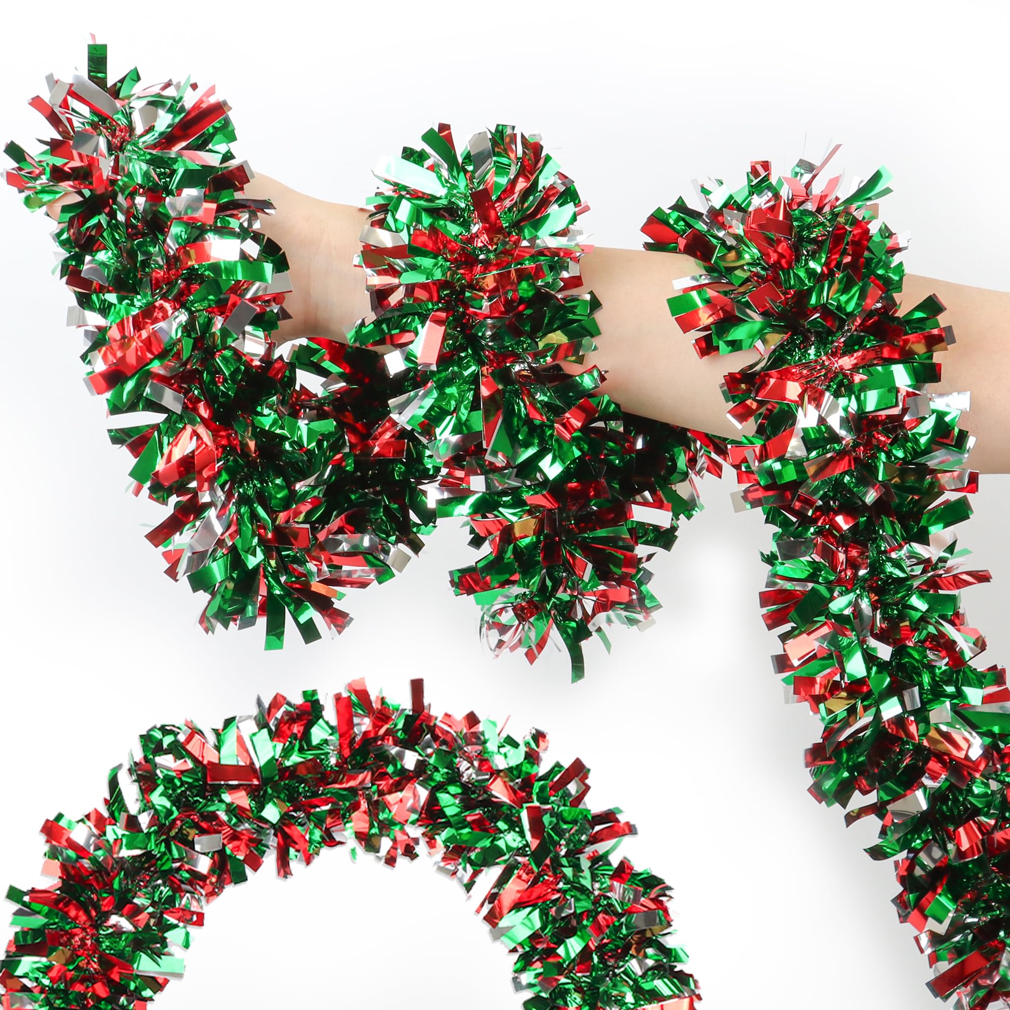Amazon.com: 50 Feet Red Green Silver Christmas Tinsel Garland Metallic ...