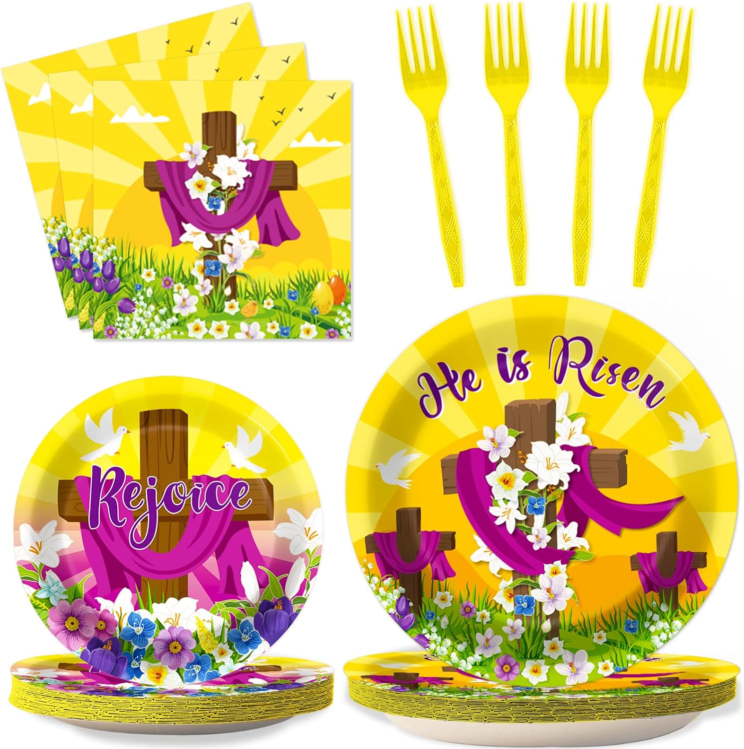 Amazon.com: 96 Pcs Easter Tableware Set He is Risen Plates Happy Easter ...