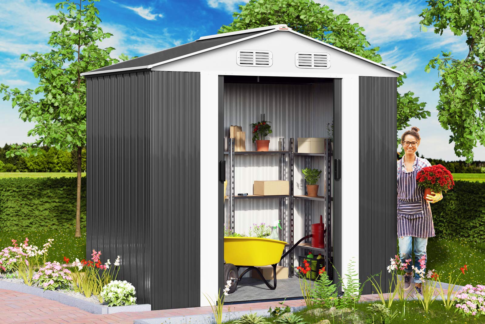 Deuba Garden Metal Tool Shed Size and Colour Choice Galvanised Green ...