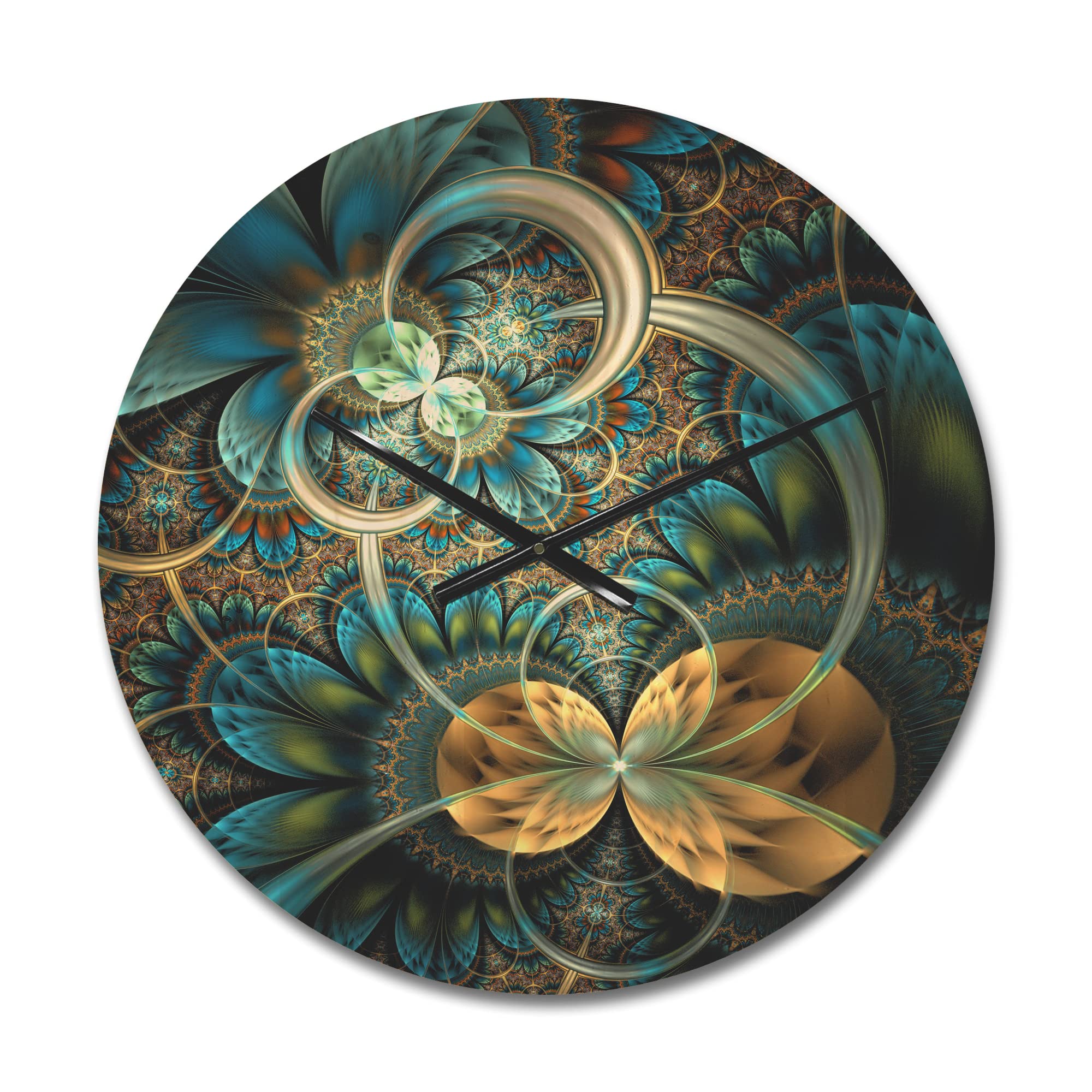 DesignQ 'Symmetrical Gold Blue Fractal Flower' Modern Wood Wall Clock ...