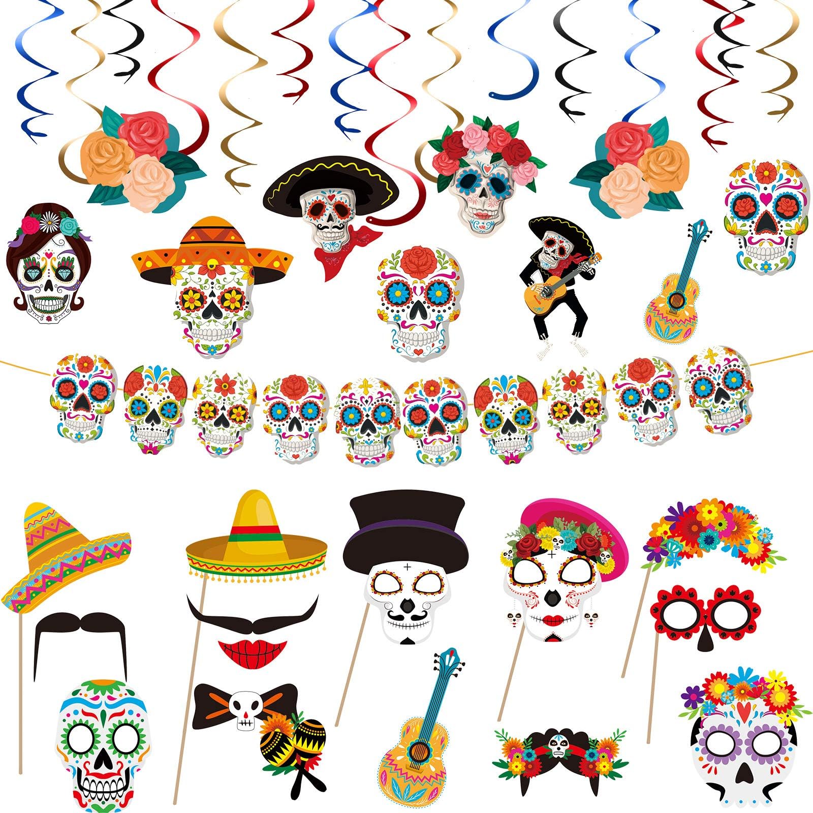Amazon.com: Outus 24 Pieces Day of The Dead Photo Booth Props Día de ...