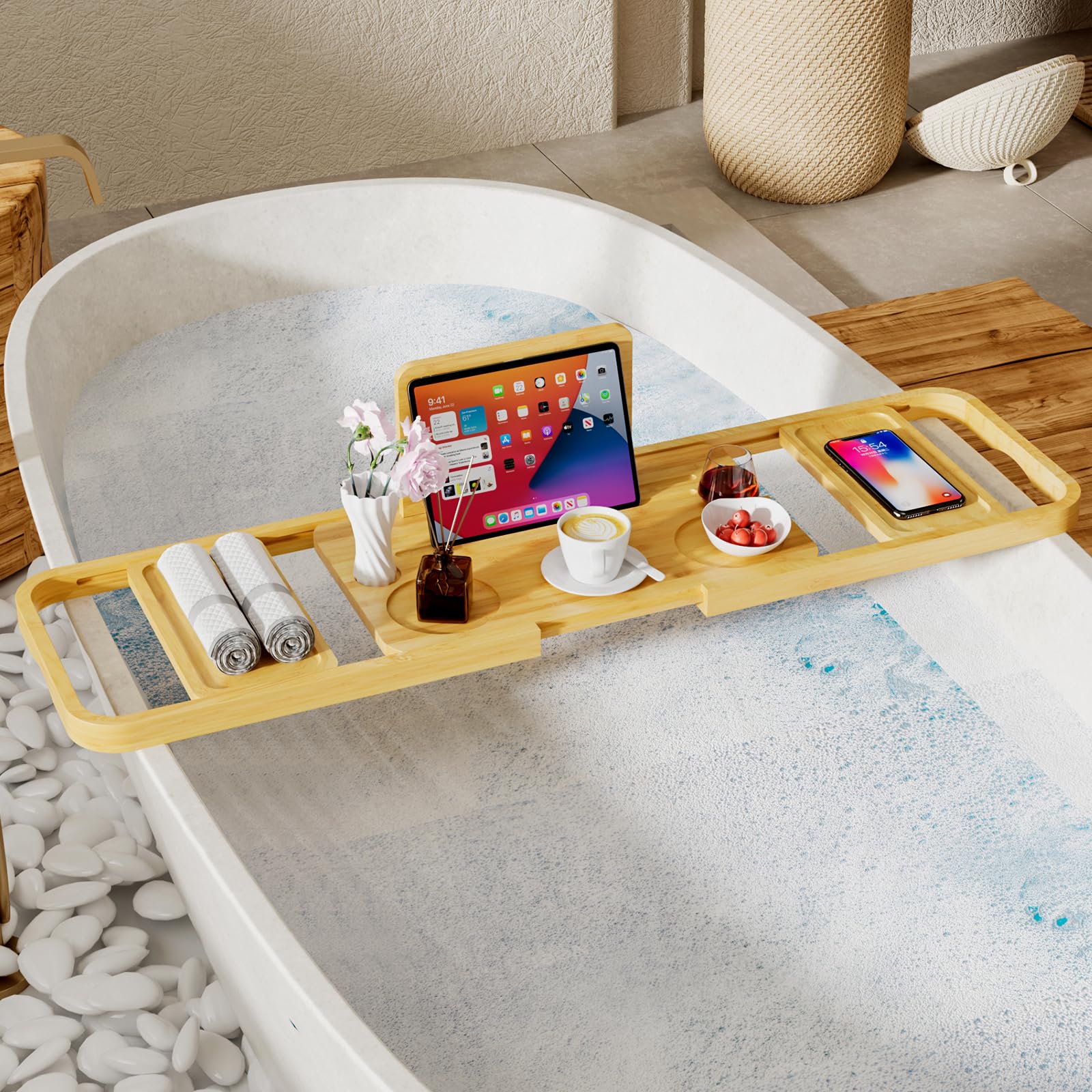 Snapklik.com : Premium Bathtub Tray Caddy - Expandable Bath Caddy Tray ...