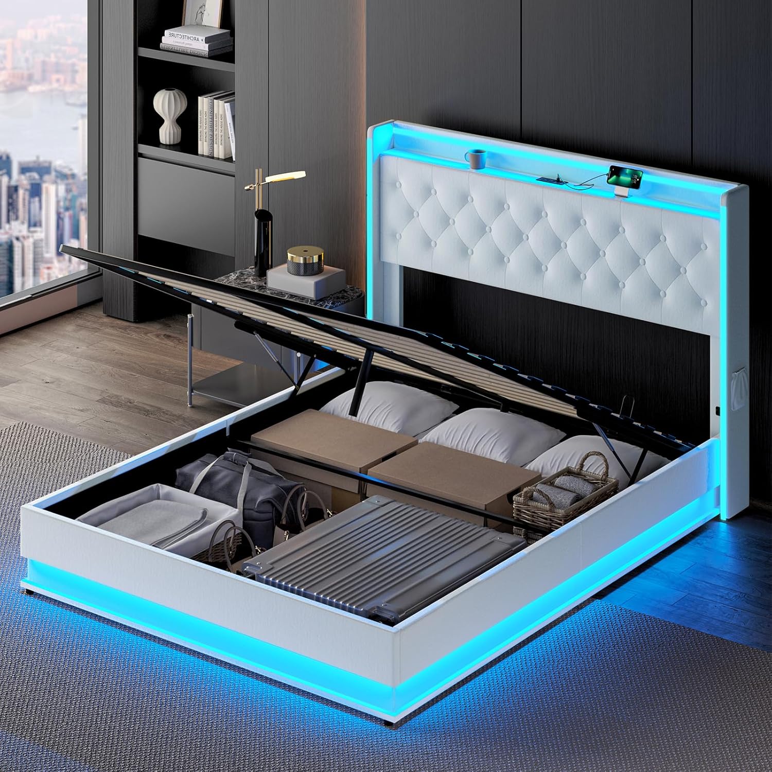 Amazon.com: EcoHarbor Led Lift up Storage Bed Queen with RGB Lights ...