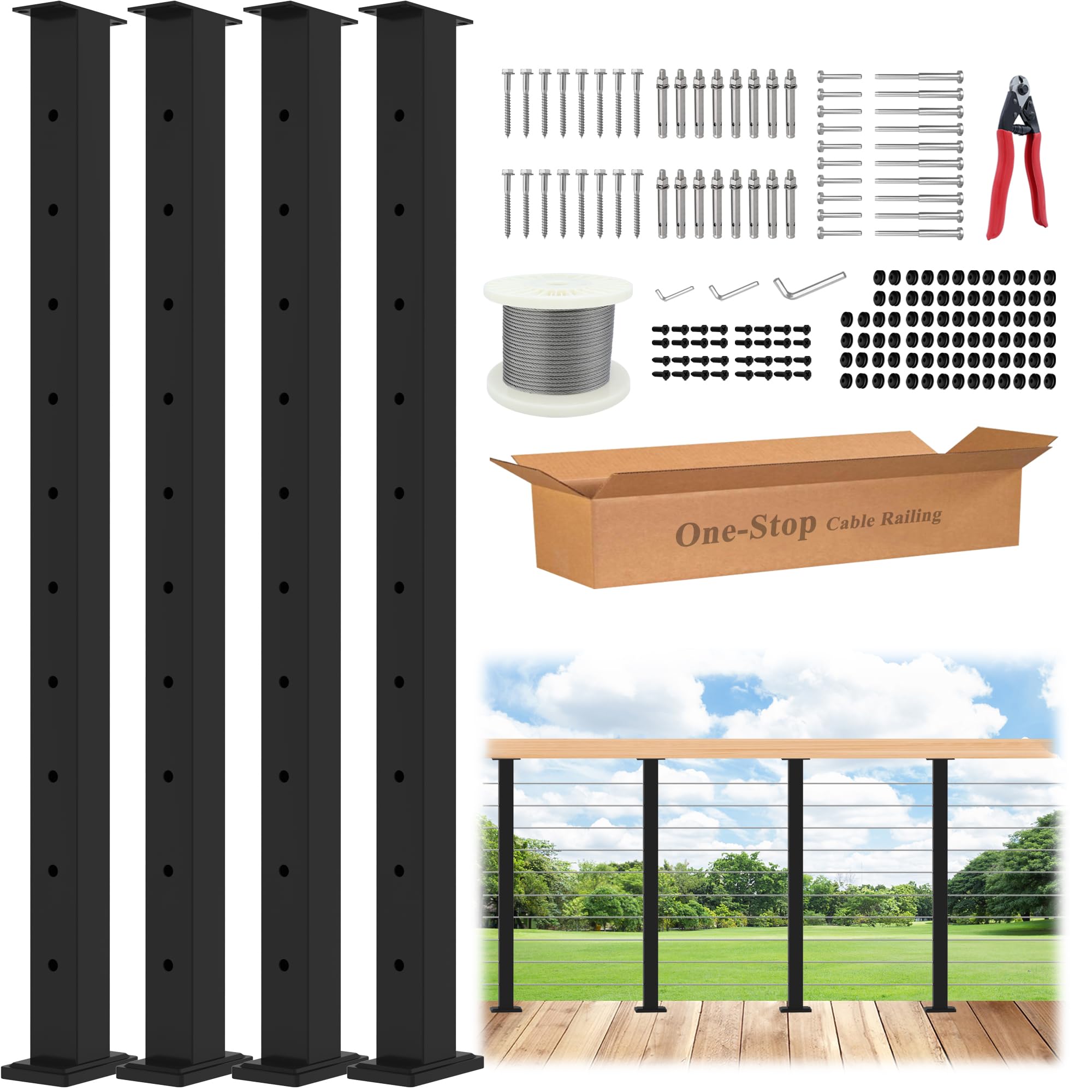 36" 4Pack One-Stop Cable Railing Post Kit, Fixed Top Mount Level ...