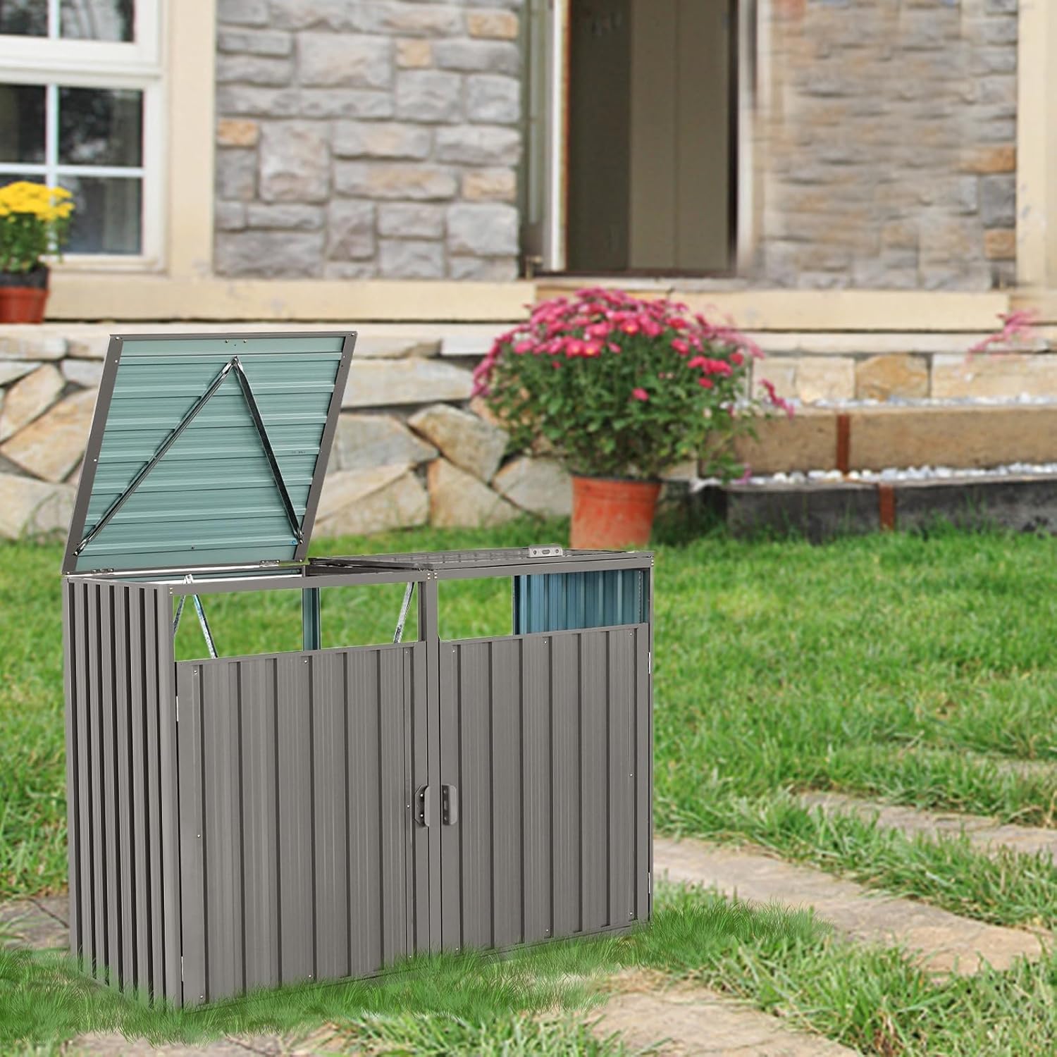 Amazon.com : La victoire Garbage Bin Storage Shed, 2 Trash Cans Metal ...