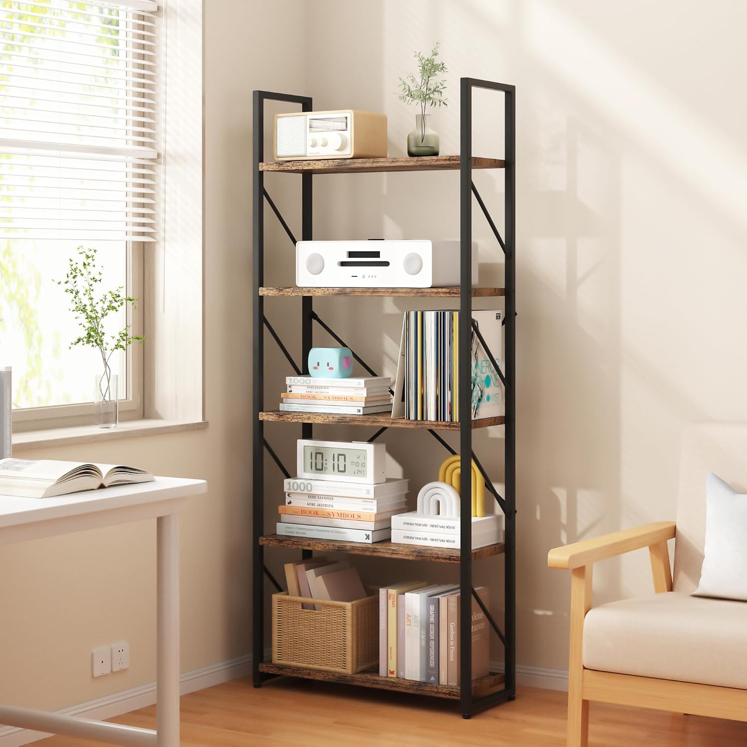 BSONE Tall Bookshelf, 5 Tier Book Shelf, Industrial Bookcase for ...