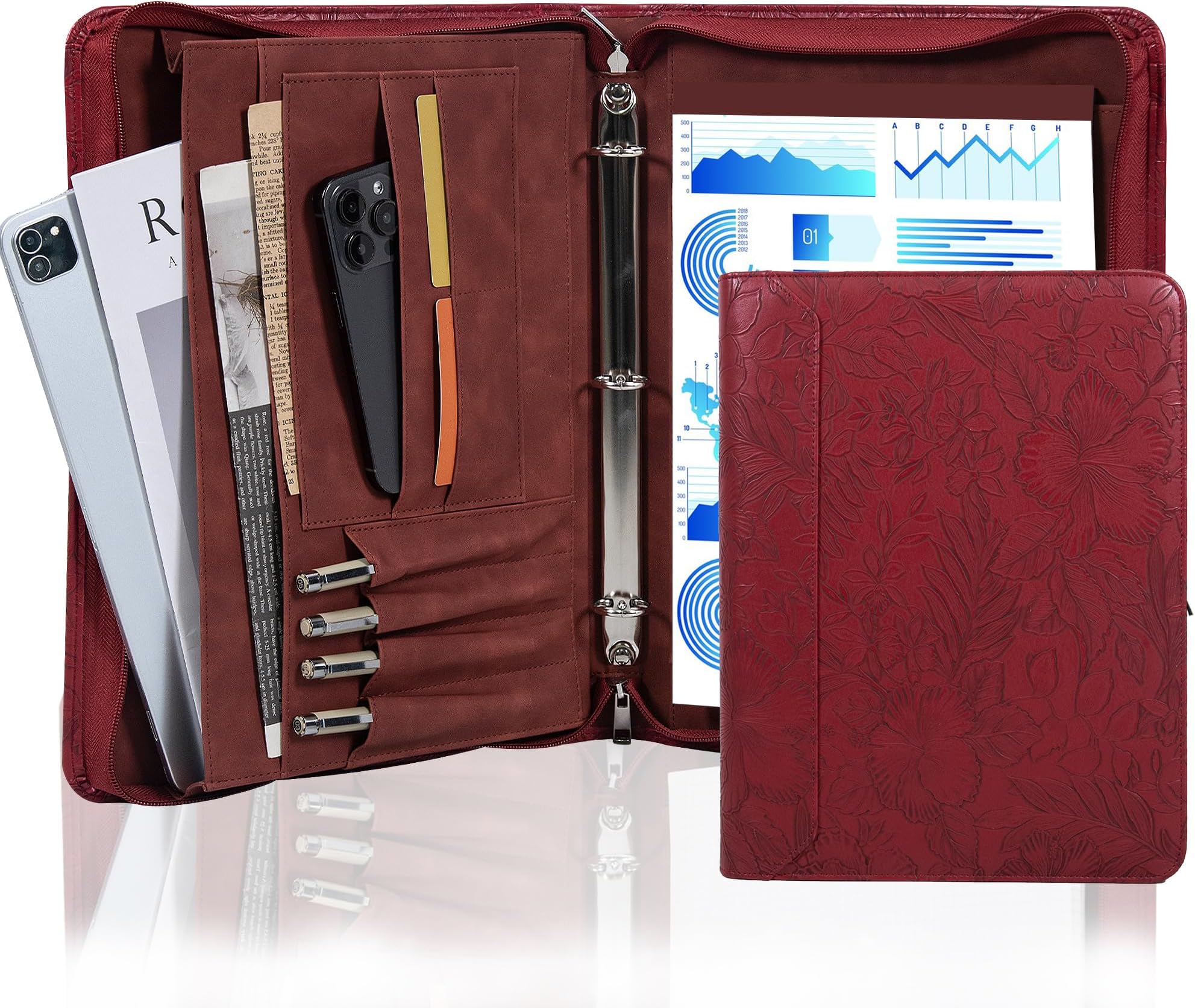 Amazon.com : AZXCG Embossed Portfolio Binder,3-Ring Zipper Padfolio for ...