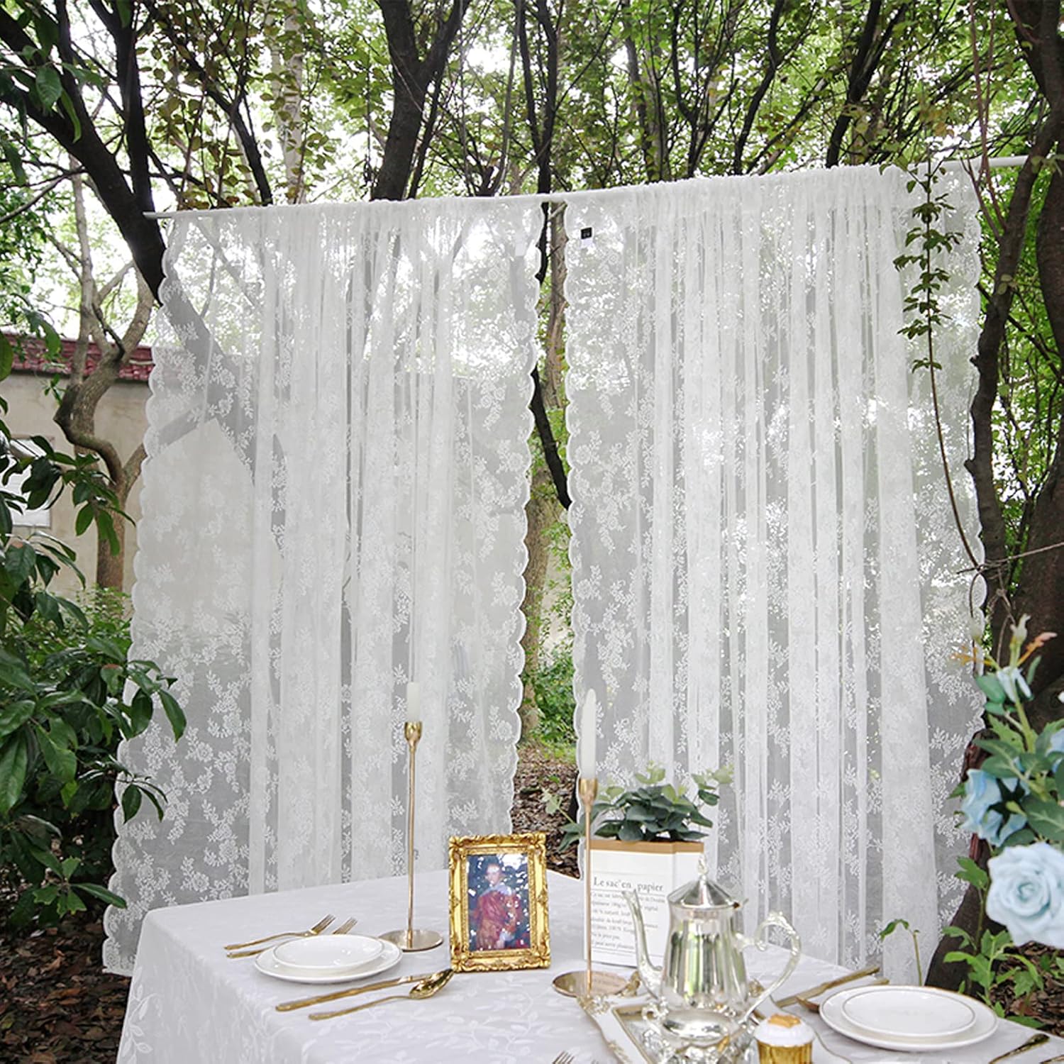 LEMCC Lot de 2 rideaux transparents en dentelle blanche de 228,6 cm de ...