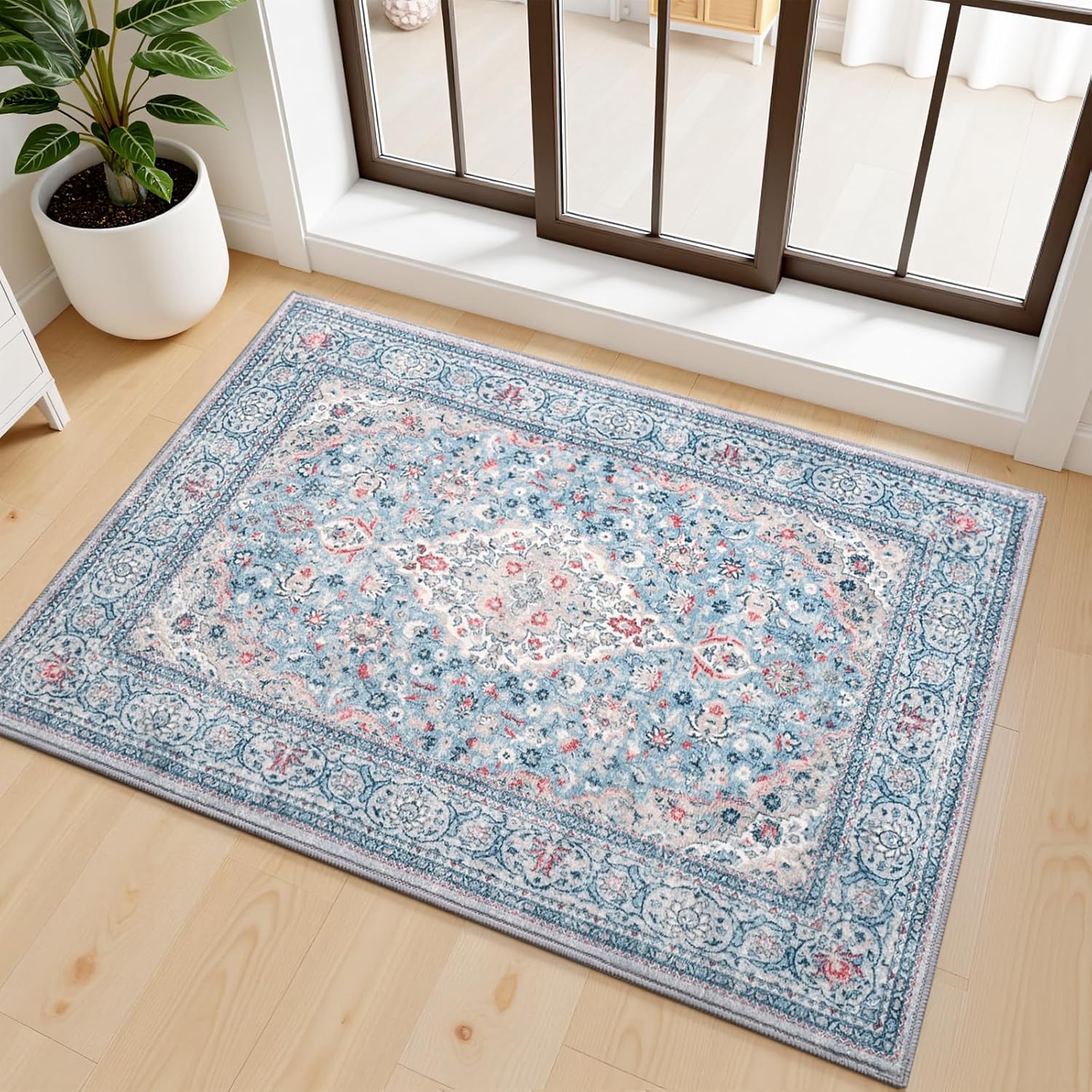 Amazon.com: 2x3 Washable Vintage Rug Door Mat, Blue Soft Floral ...