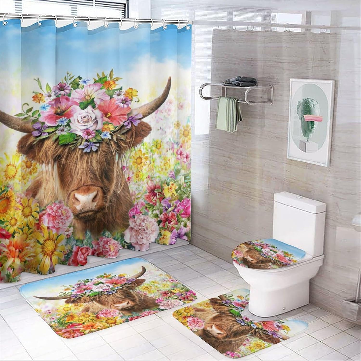Amazon.com: Colorful Floral Highland Cow Shower Curtain Sets 4 Piece ...
