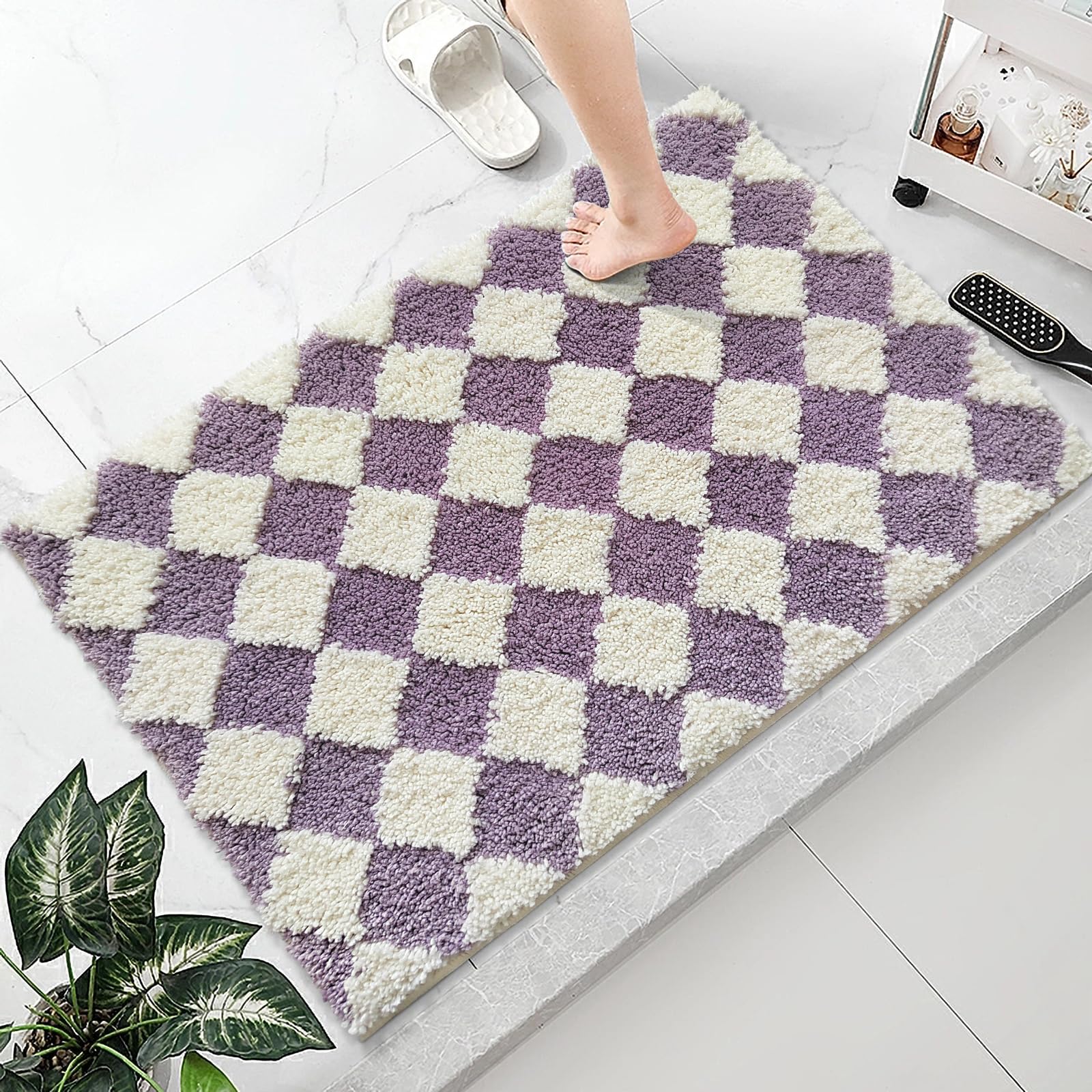 Amazon.com: Wishtune Cute Bathroom Rugs Purple Checkered Bath Mat ...