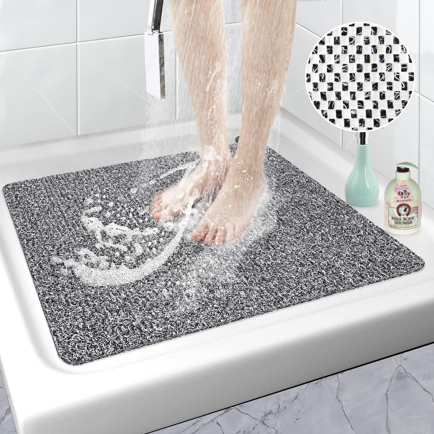 Square Shower Mat, Non Slip Soft Textured Loofah Shower Mats 23.6x23.6 ...