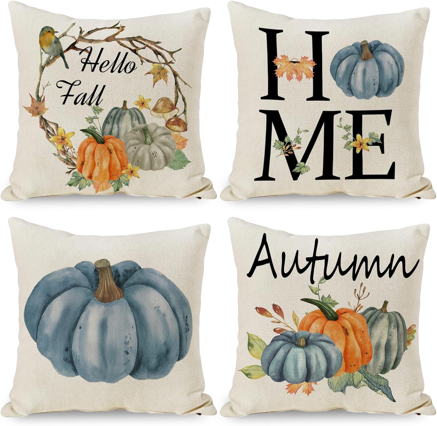 Amazon.com: Set of 4 Blue Fall Pillow Covers 18x18, Thanksgiving Throw ...