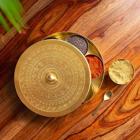 K GOLDEN BRASS Handcrafted Brass Spice Box Set For Kitchen With Spoon ...