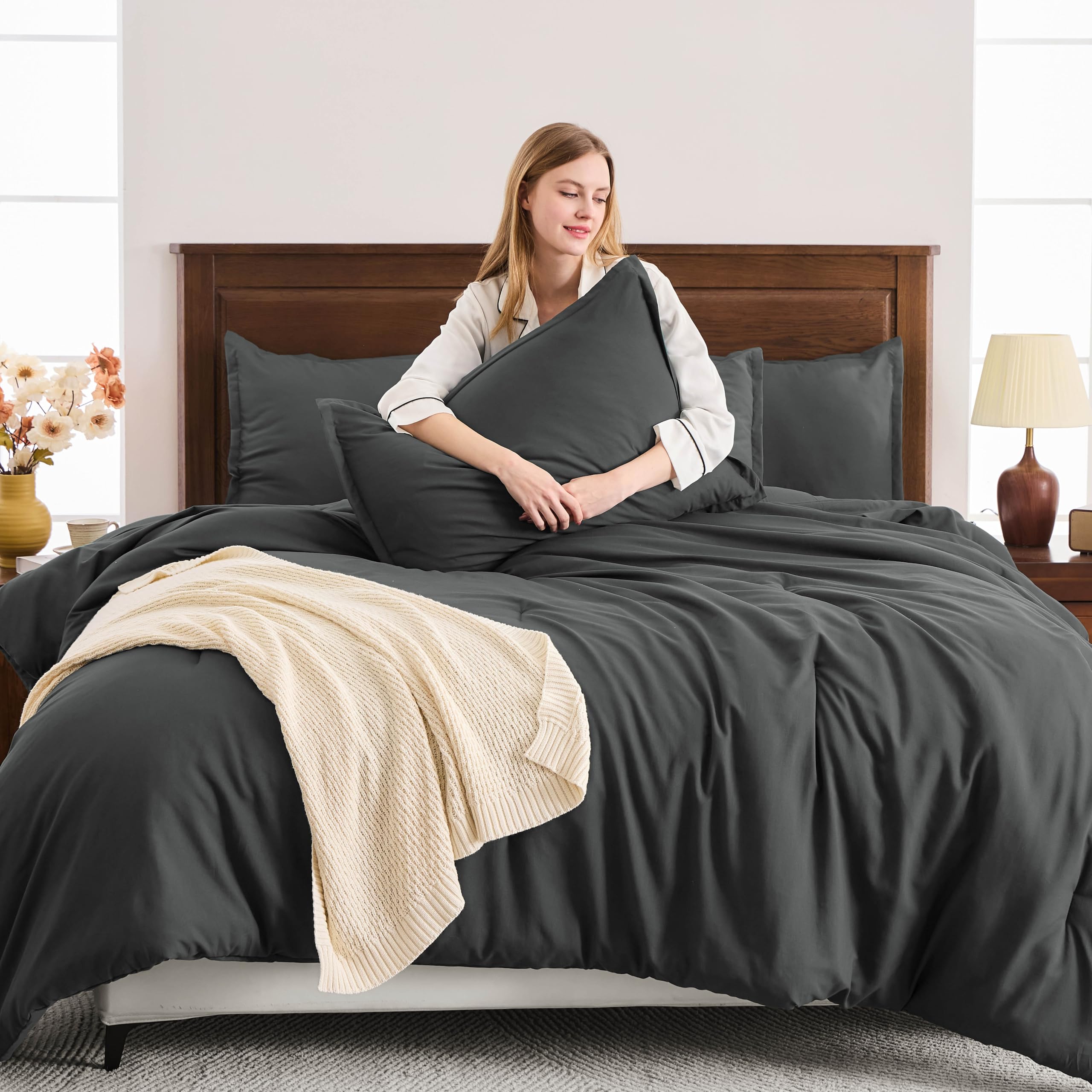 Amazon.com: Andency Dark Grey Comforter Set Queen Size, 3 Pieces Boho ...