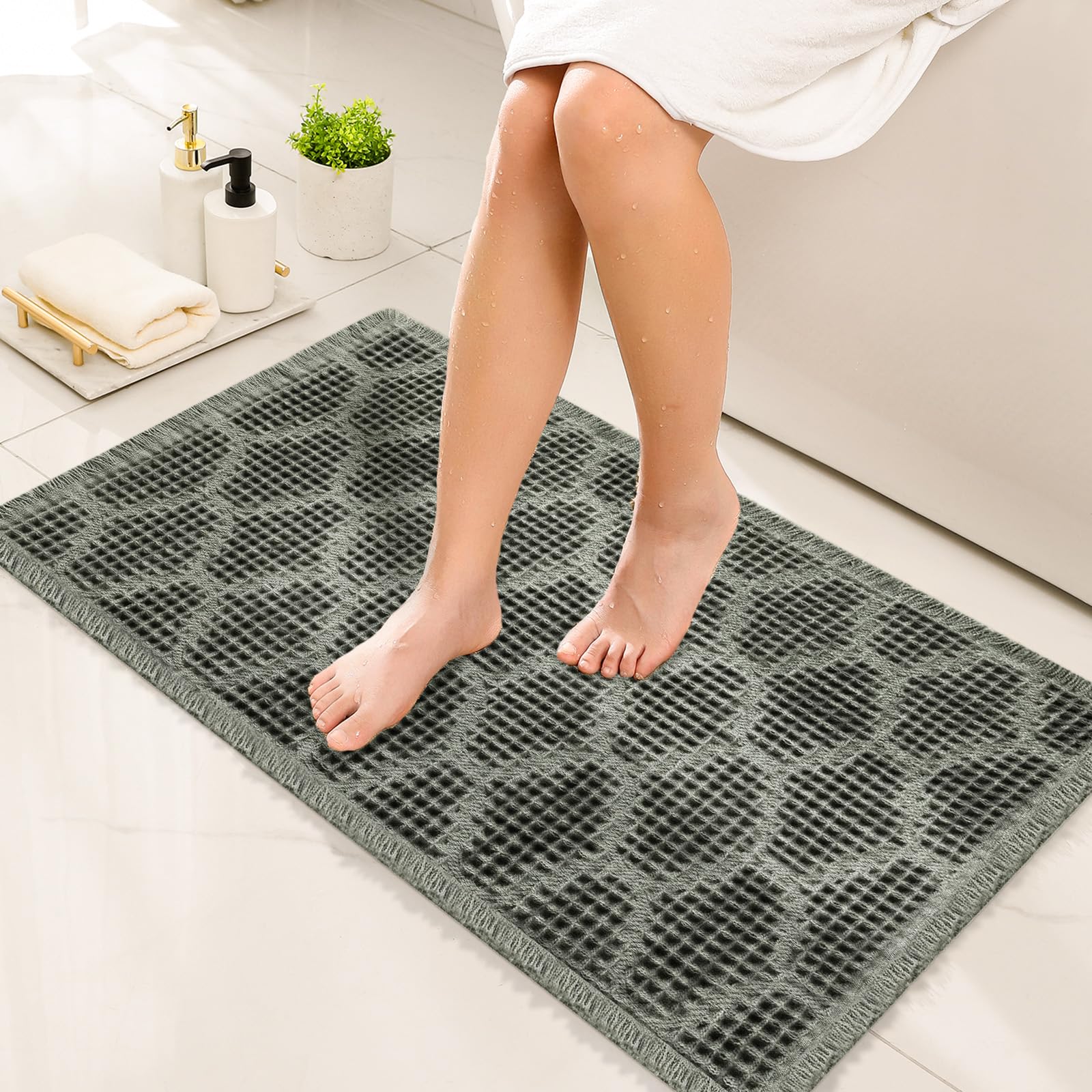 Amazon.com: COMBLUE Upgraded Green Waffle Bath Mat Bathroom Rugs, Super ...