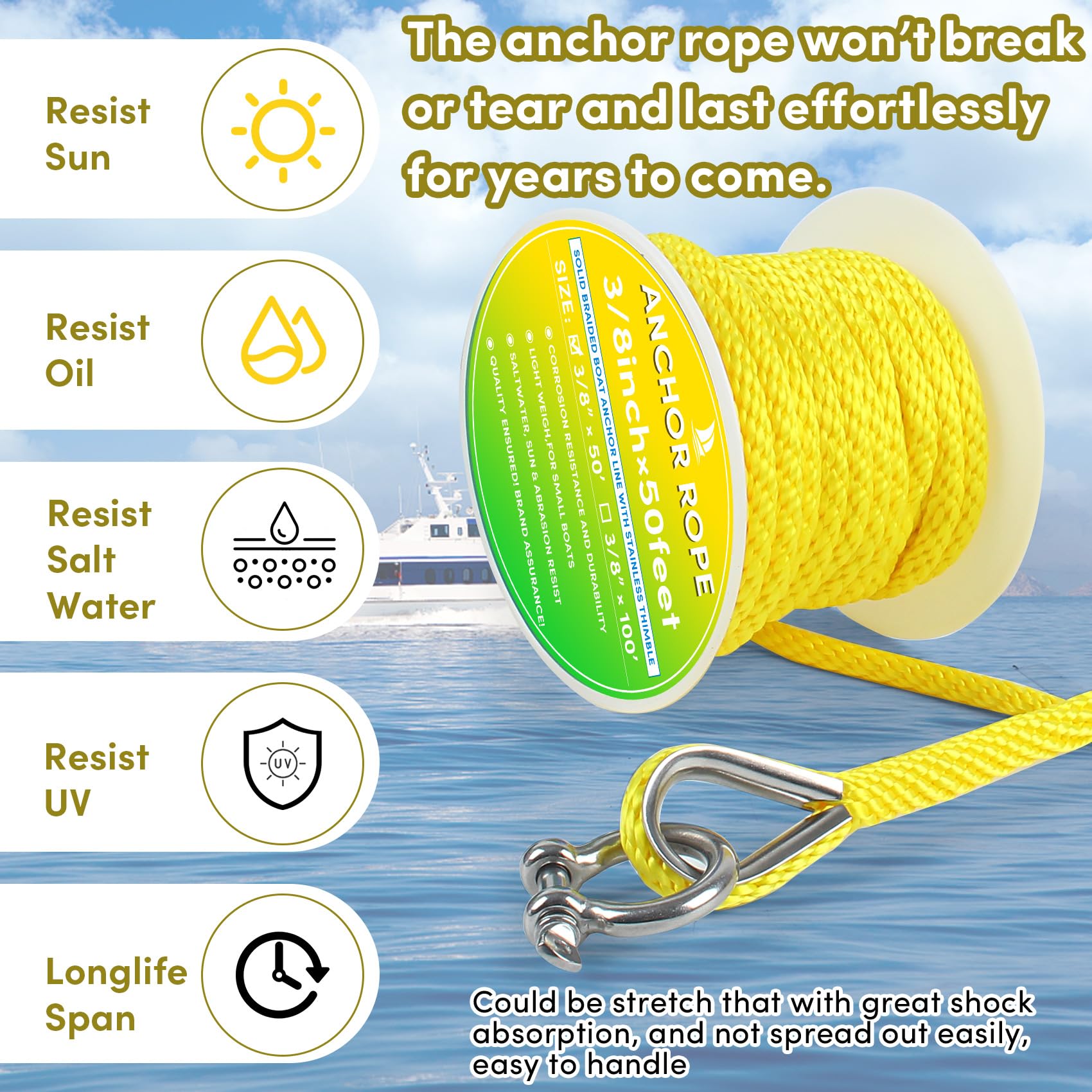 Snapklik.com : Premium Anchor Rope 50 Ft X 3/8 Inch, Solid Braid MFP ...