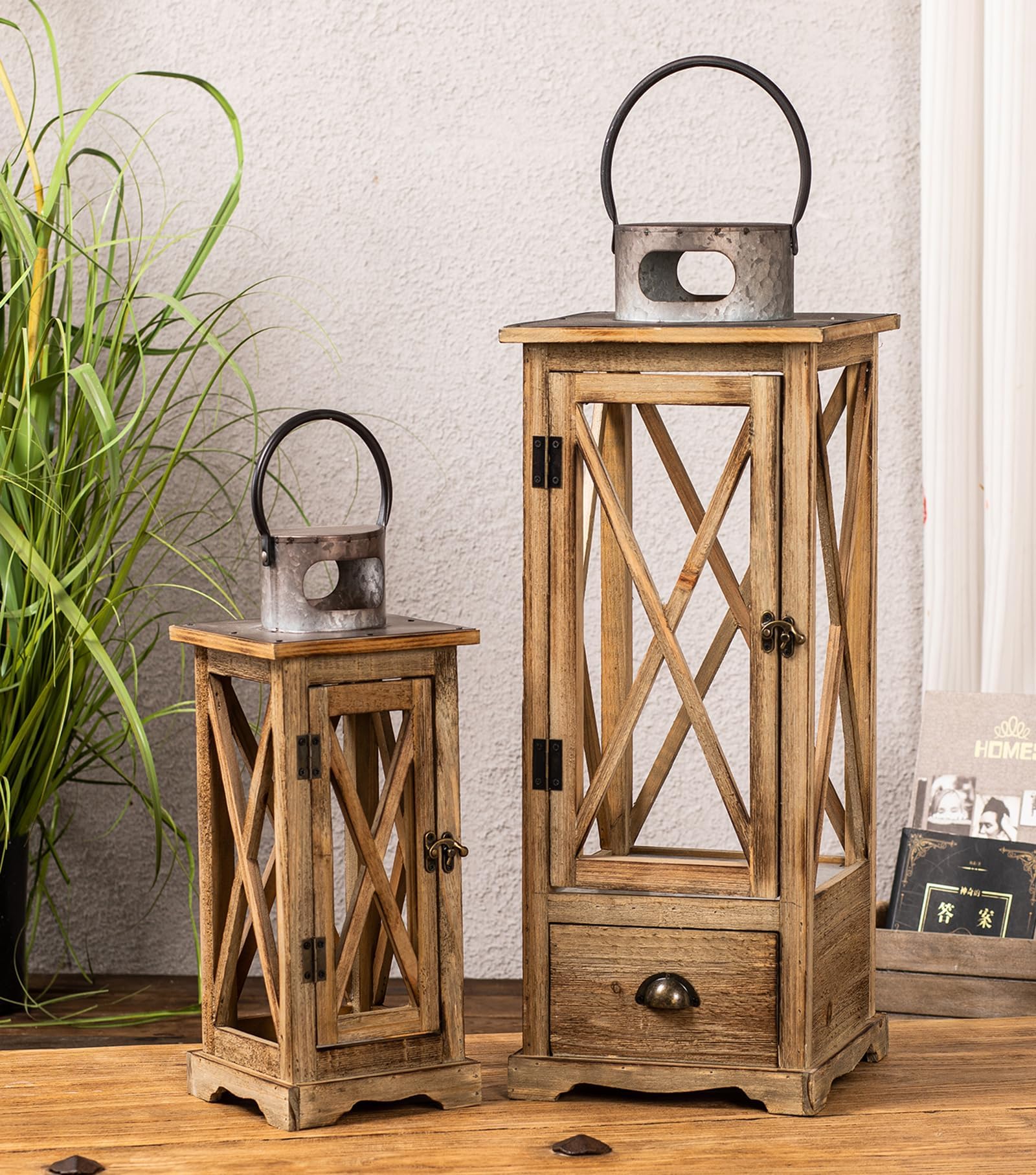 Amazon.com: Venalys Farmhouse Wooden Metal Candle Lantern Set of 2 ...