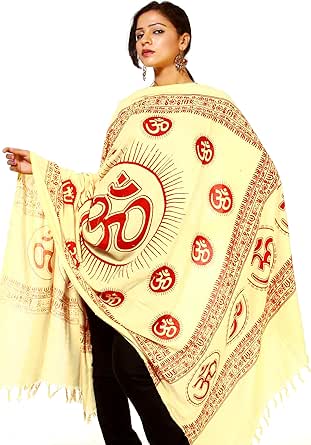 Exotic India Yellow Hindu Dharma Prayer Shawl with Large Printed Om ...