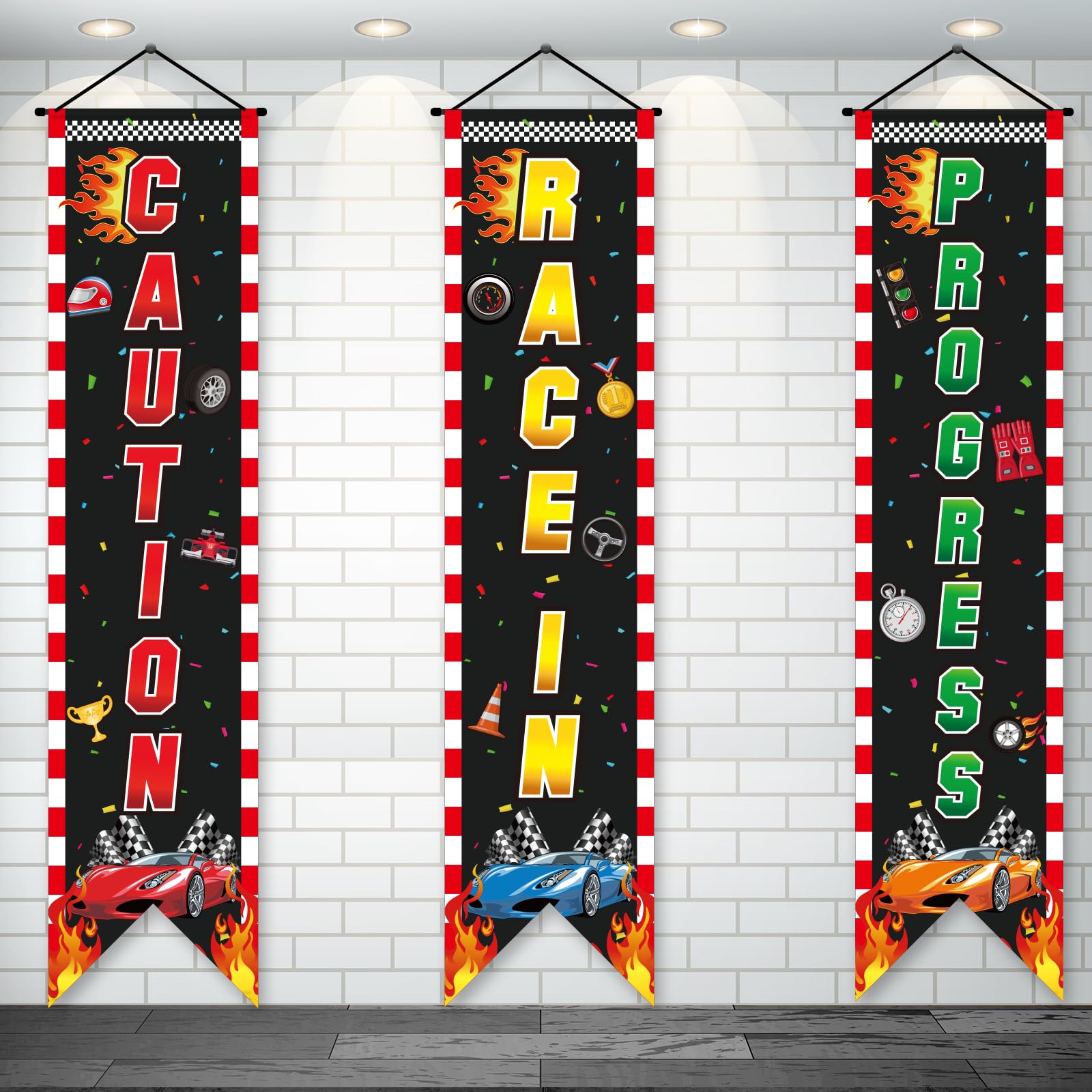Amazon.com: 3Pcs Racing Fans Banner Cars Birthday Banner Racing Flag ...