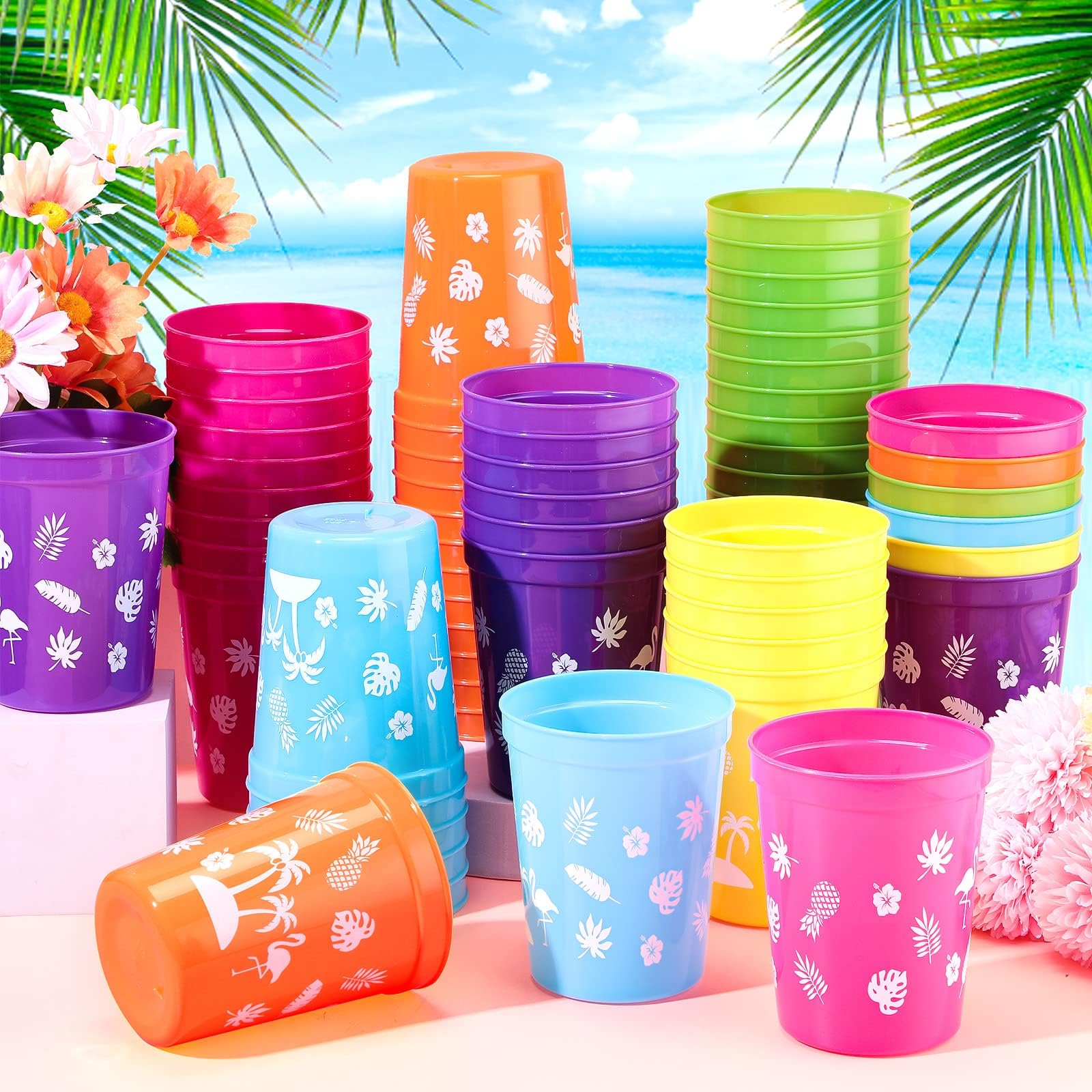 Amazon.com: Queekay 120 Pack 16 oz Plastic Luau Party Cups 6 Colors ...