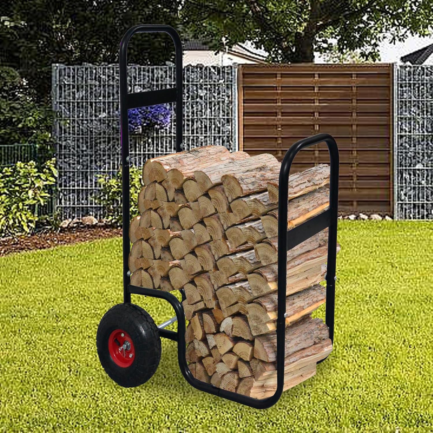PGL Firewood Log Cart with Wheels Outdoor, Log Wood Mover Cart Heavy ...