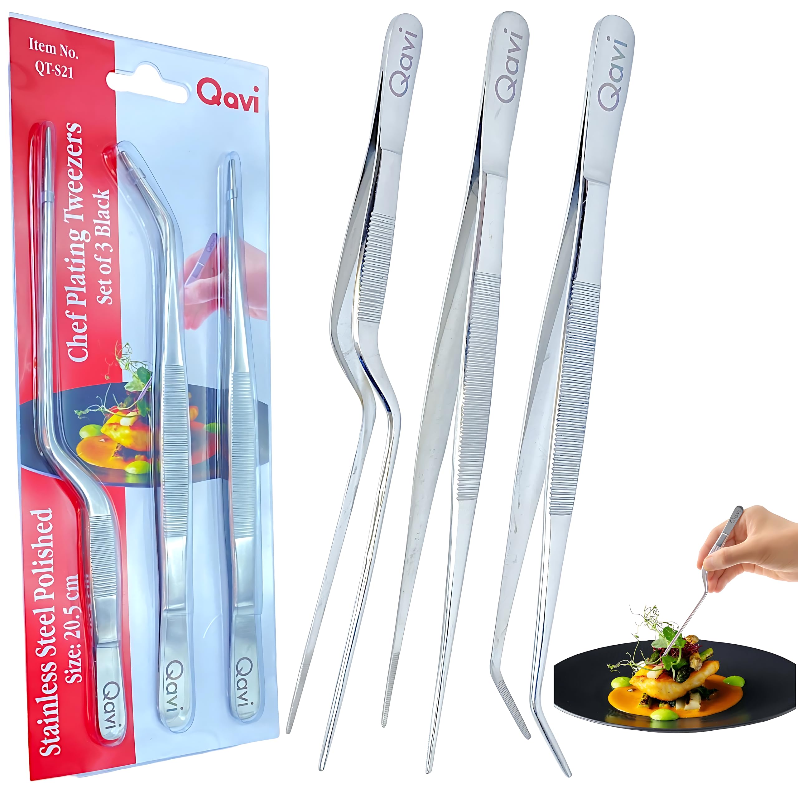 Professional Chef Plating Tweezers, 8-Inches Set of 3 (Straight, Curved ...