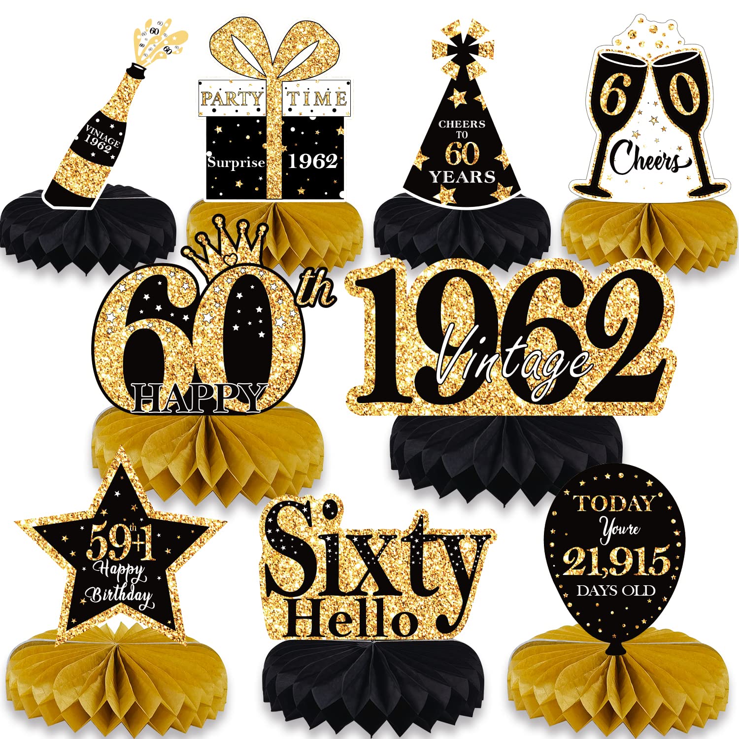 Buy 9 Pcs 60th Birthday Decorations Honeycomb Centerpieces for Women ...