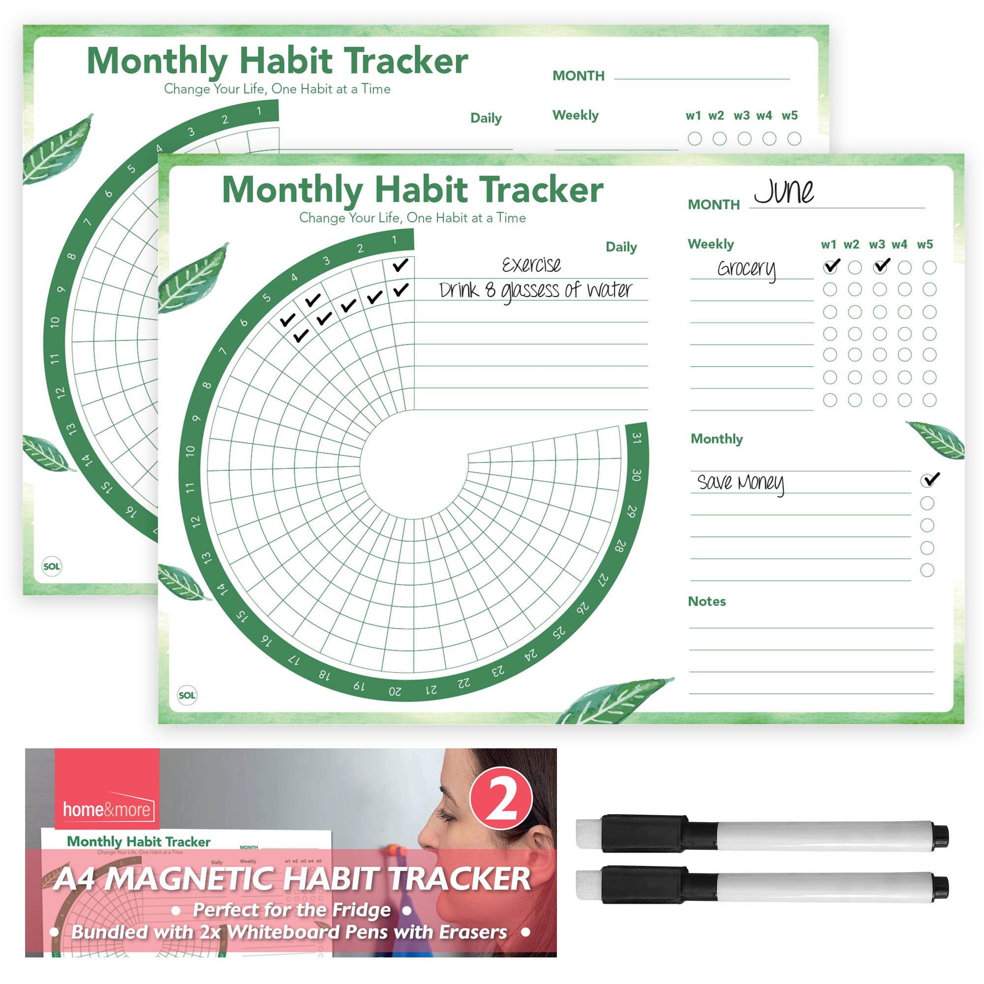 SOL 2pk A4 Magnetic Monthly Habit Tracker with 2pk Pens Motivational ...