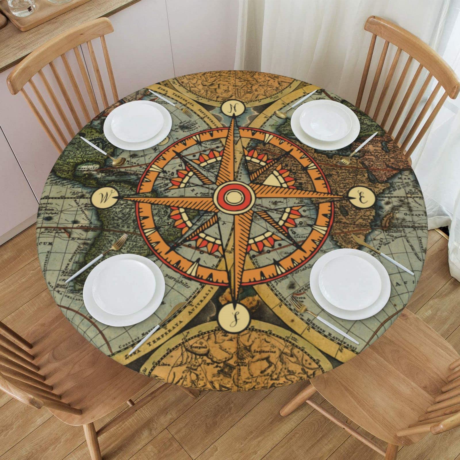 Amazon.com: KUOAICY Nautical Compass Round Tablecloth Elastic Fitted ...