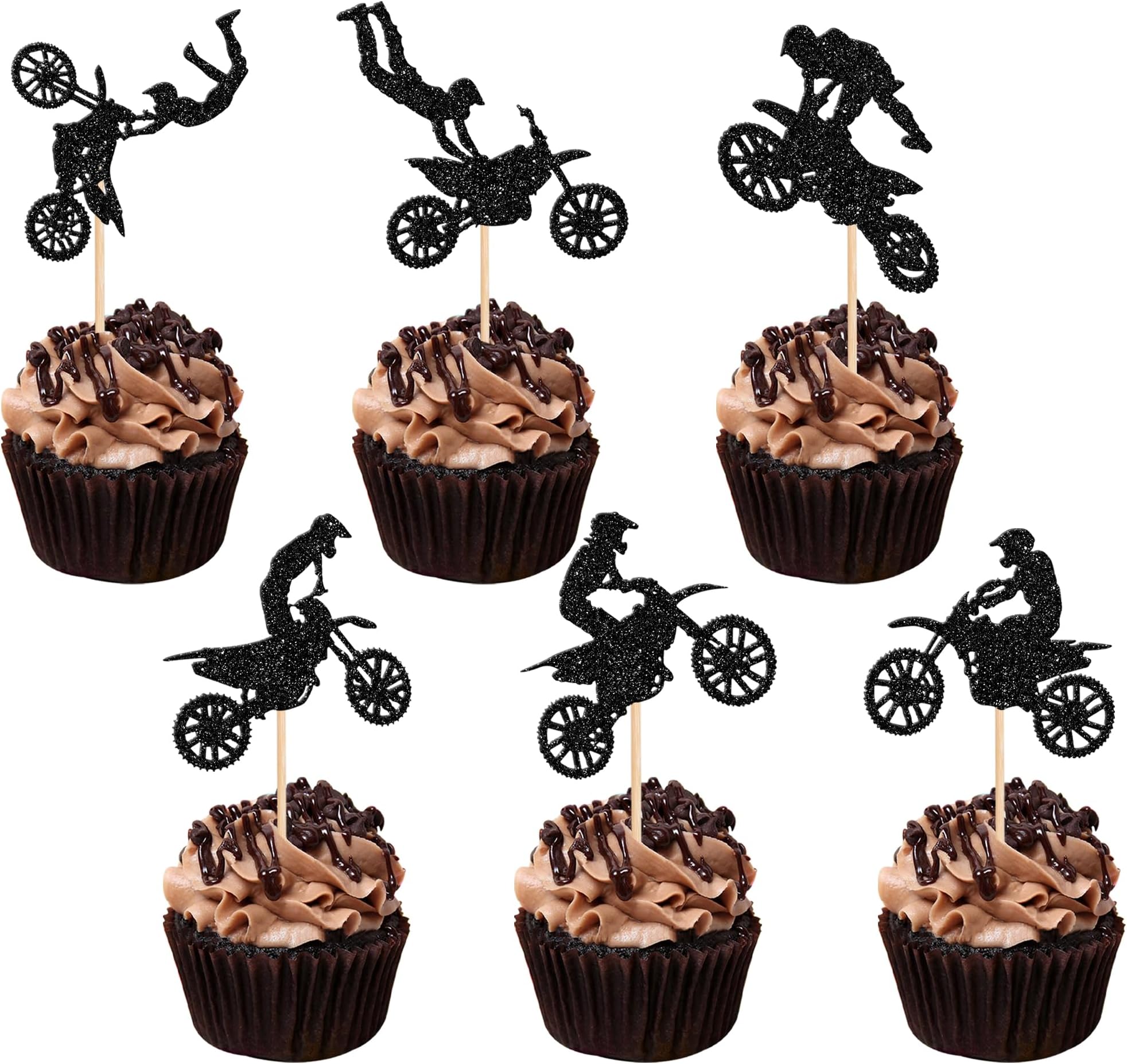 Amazon.com: 24 PCS Motorcycle Cupcake Toppers Black Glitter Motocross ...