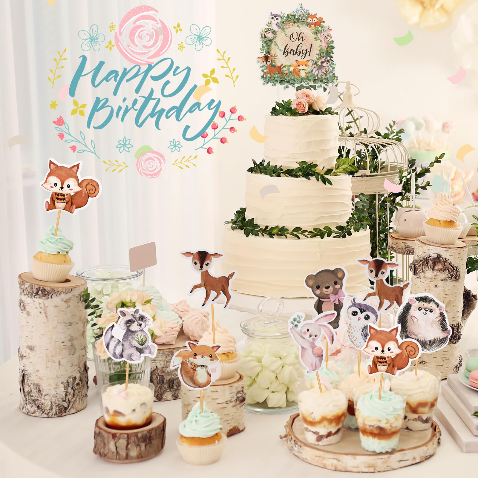 Snapklik.com : 49 Pcs Woodland Cupcake Topper Neutral Forest Animal ...