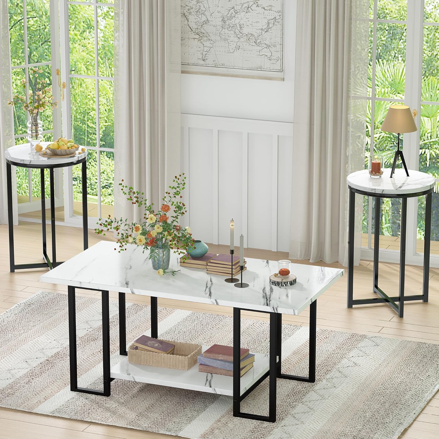 Amazon.com: Lamerge 3 Pieces Living Room Table Set, Faux Marble Coffee ...