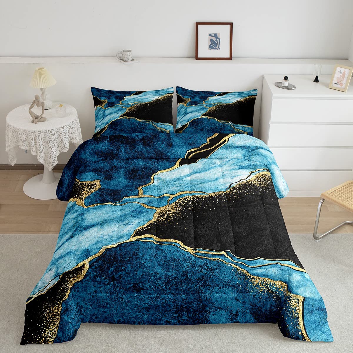 Amazon.com: Navy Blue Marble Bedding Set Twin,Black Blue Gold Marble ...