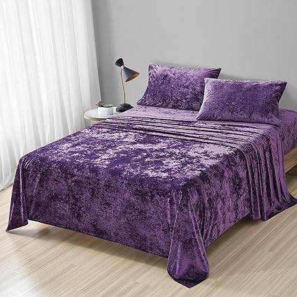 Amazon.com: Fredsure Distressed Velvet Sheet Set, 4 Pieces Purple King ...