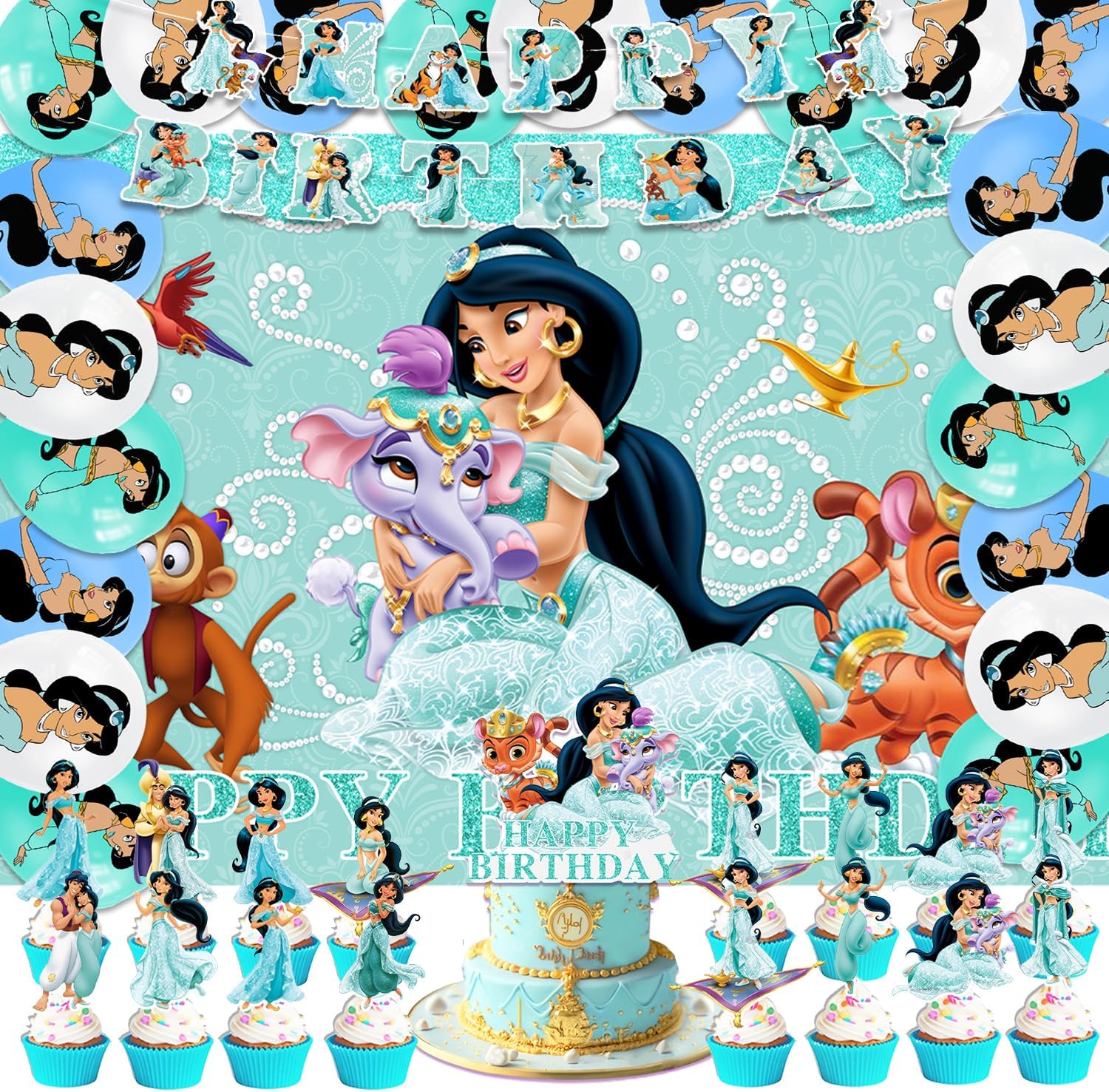 Amazon.com: 42Pack Princess Jasmine Party Supplies Pack Includes，Banner ...