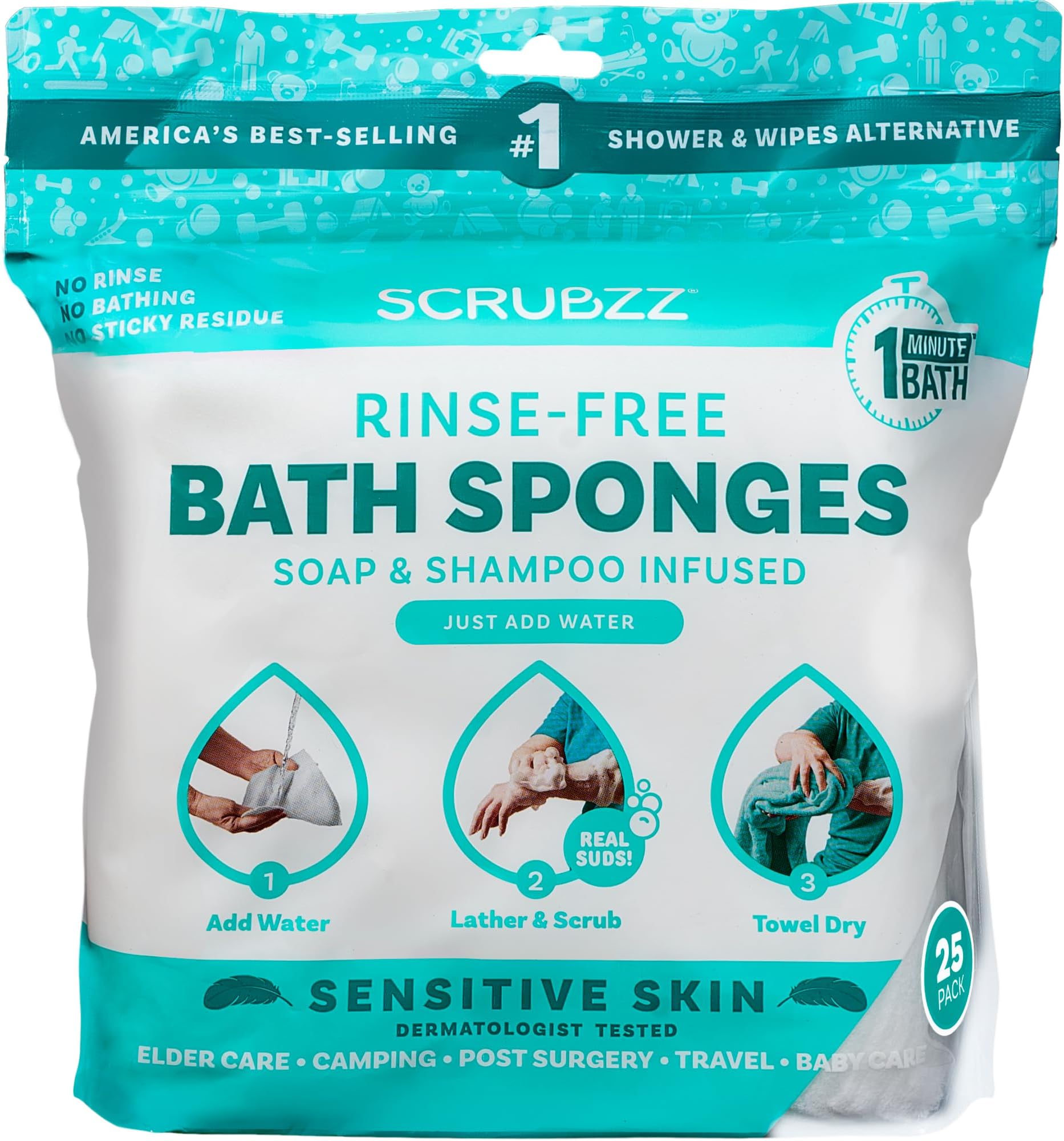 Amazon.com: Scrubzz Disposable No Rinse Bathing Wipes for Senstive Skin ...