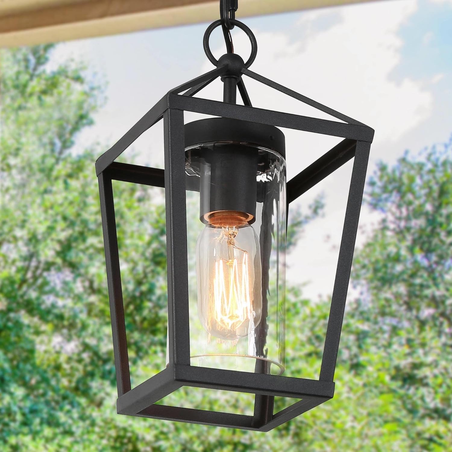 Outdoor Pendant Light for Porch, Black Pendant Hanging Light with Clear ...
