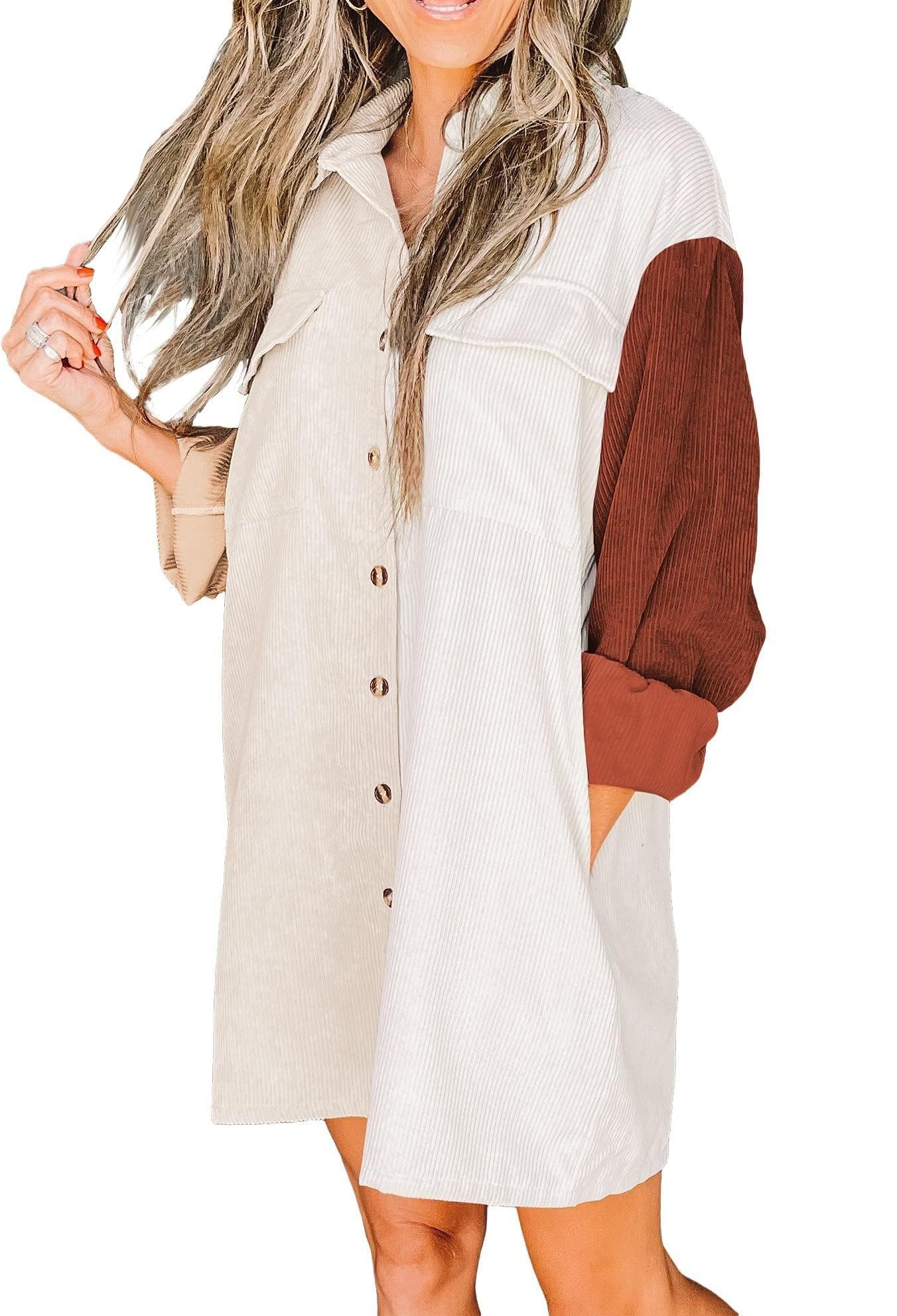 Shanfetl Womens Corduroy Shirt Dress Oversized Shacket Jacket Button ...
