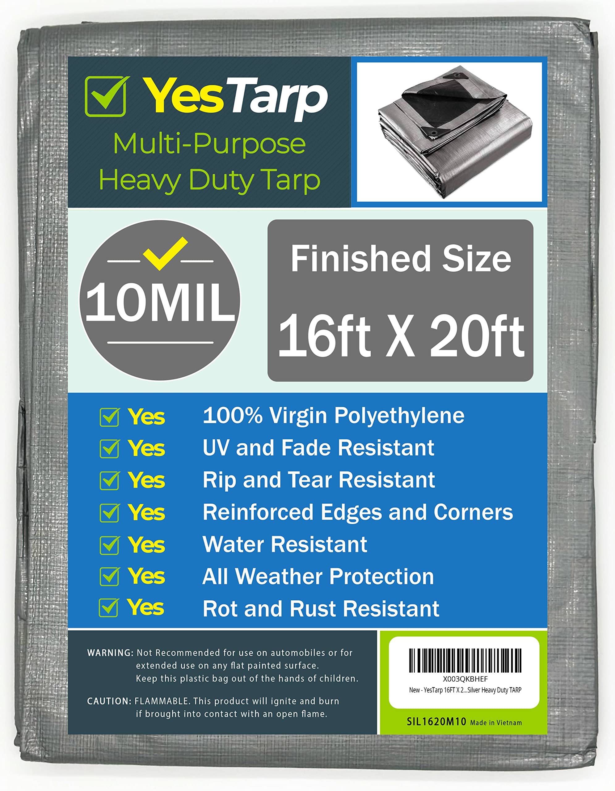 YesTarp 16FT X 20FT Silver Heavy Duty TARP, Multipurpose Waterproof, 10 ...