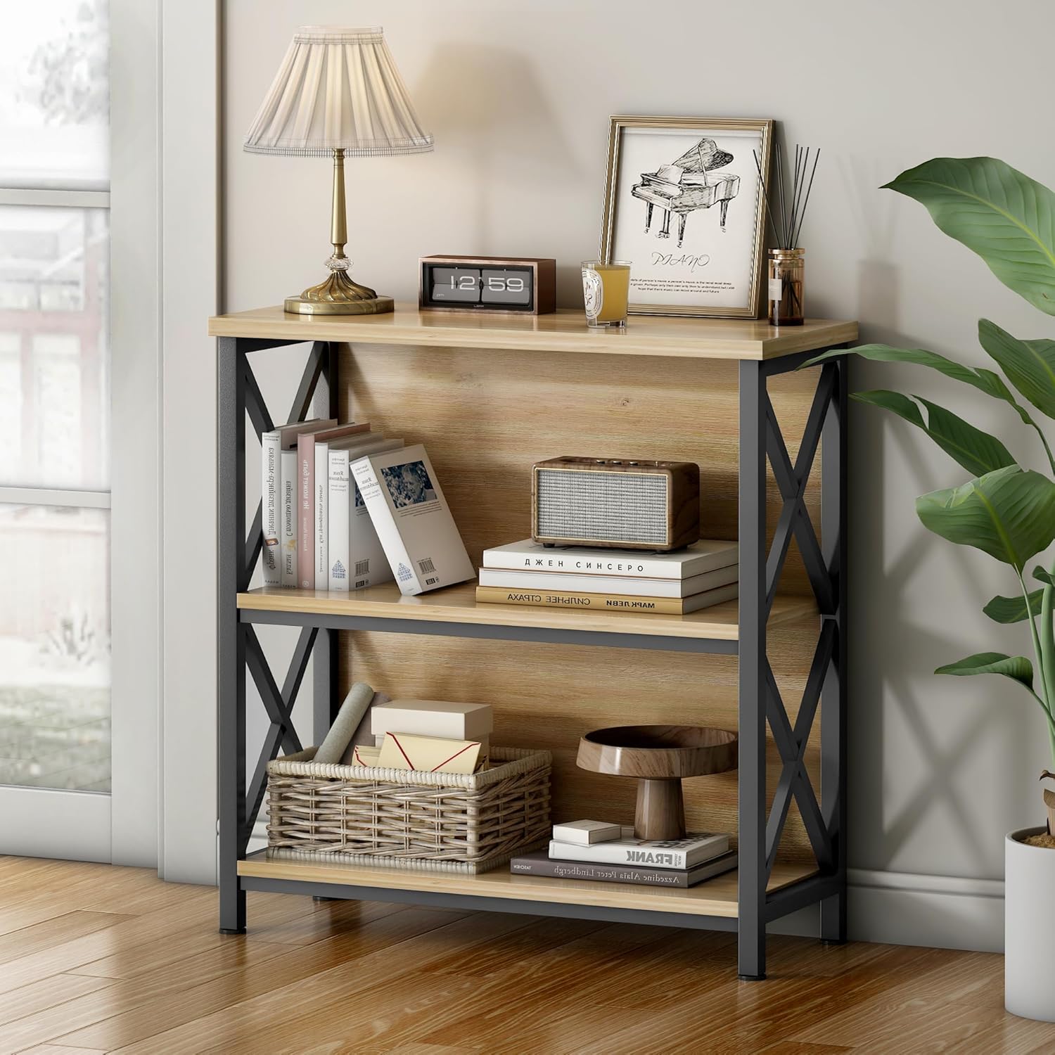 Amazon.com: Pipleo 3-Tier Bookshelf, Farmhouse Small Bookshelf with X ...